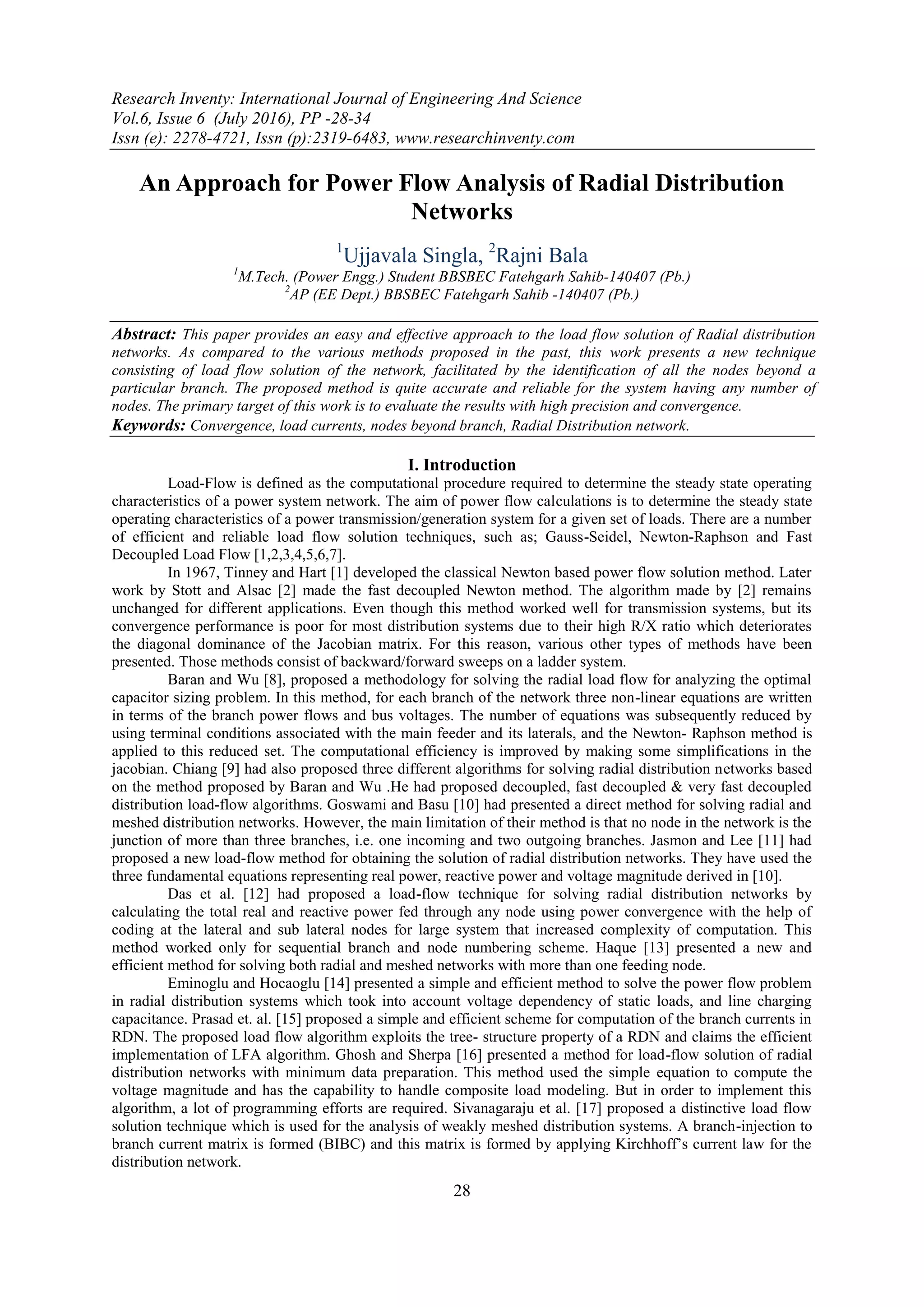 An Approach for Power Flow Analysis of Radial Distribution Networks | PDF