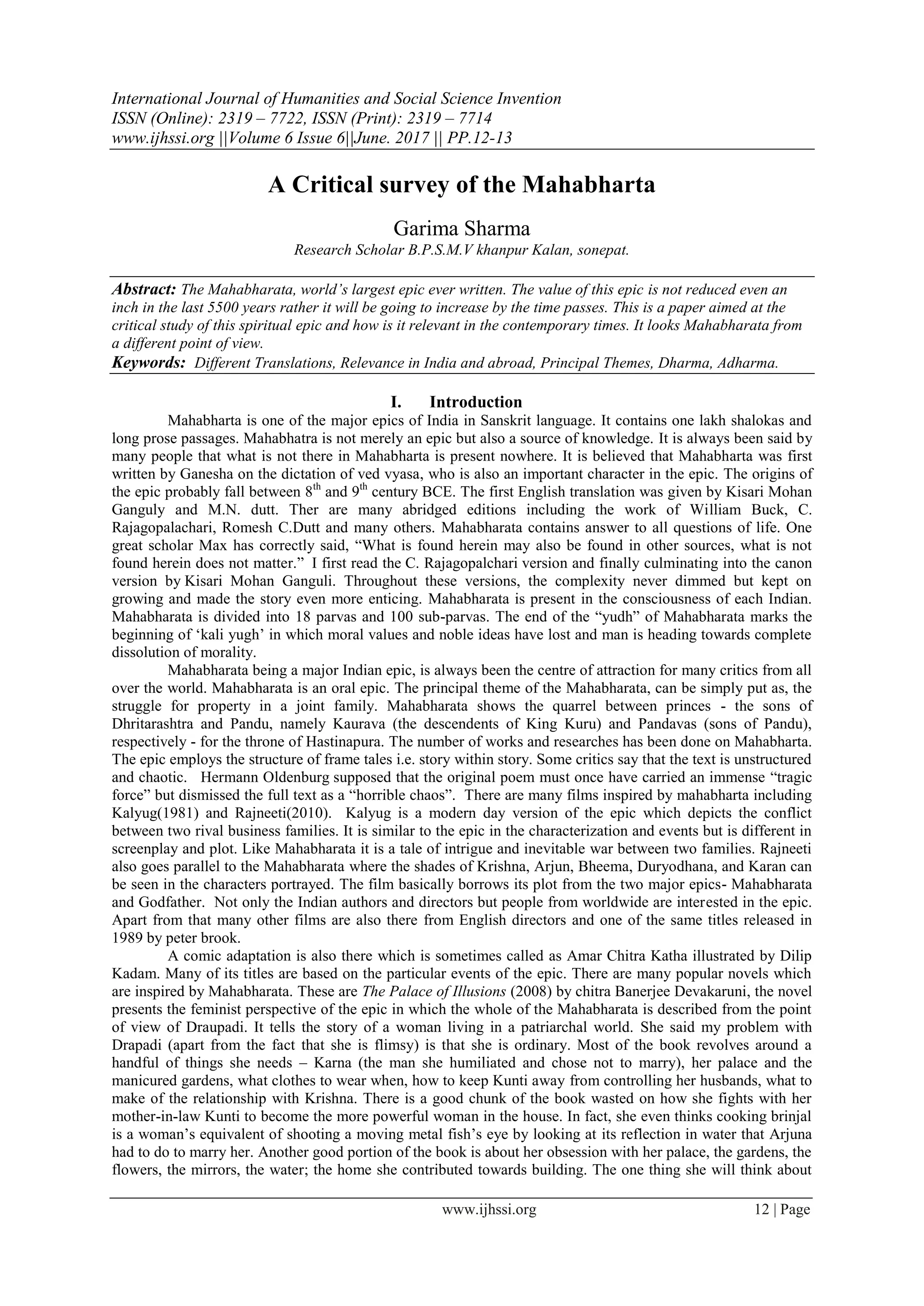 A Critical survey of the Mahabharta | PDF