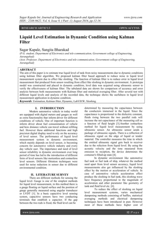 Liquid Level Estimation in Dynamic Condition using Kalman Filter | PDF