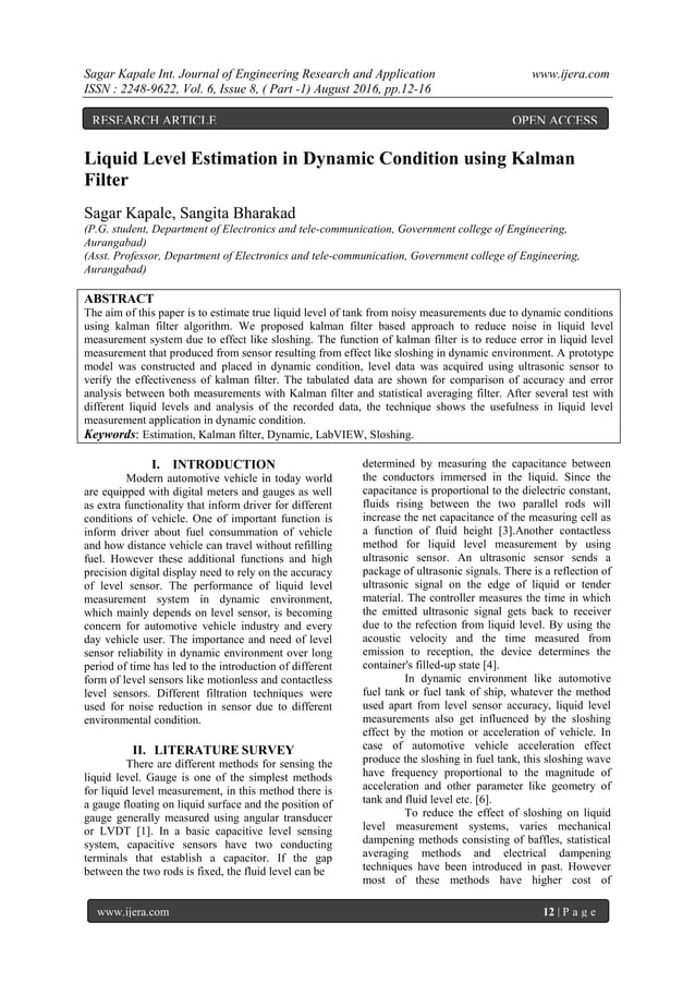 Liquid Level Estimation in Dynamic Condition using Kalman Filter | PDF