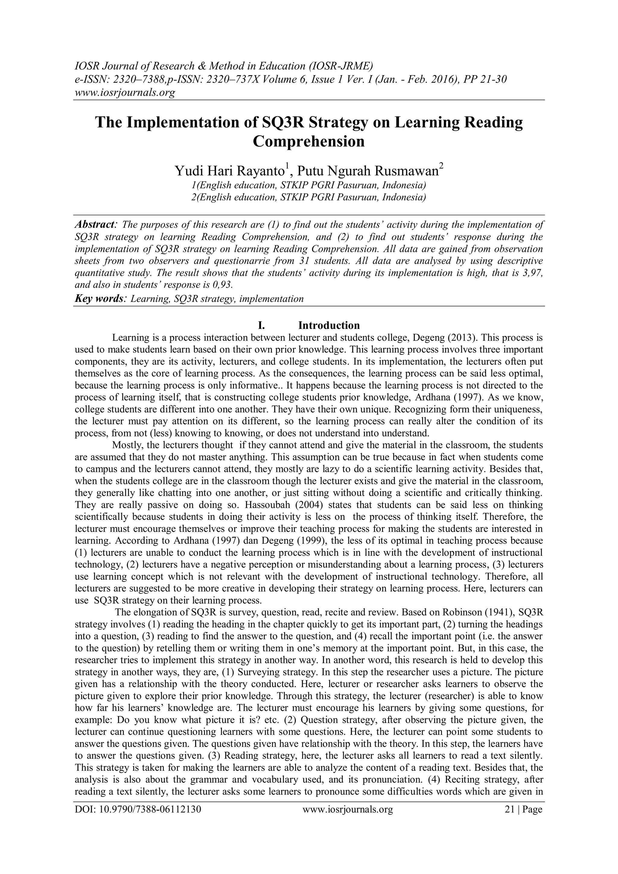 The Implementation of SQ3R Strategy on Learning Reading Comprehension | PDF