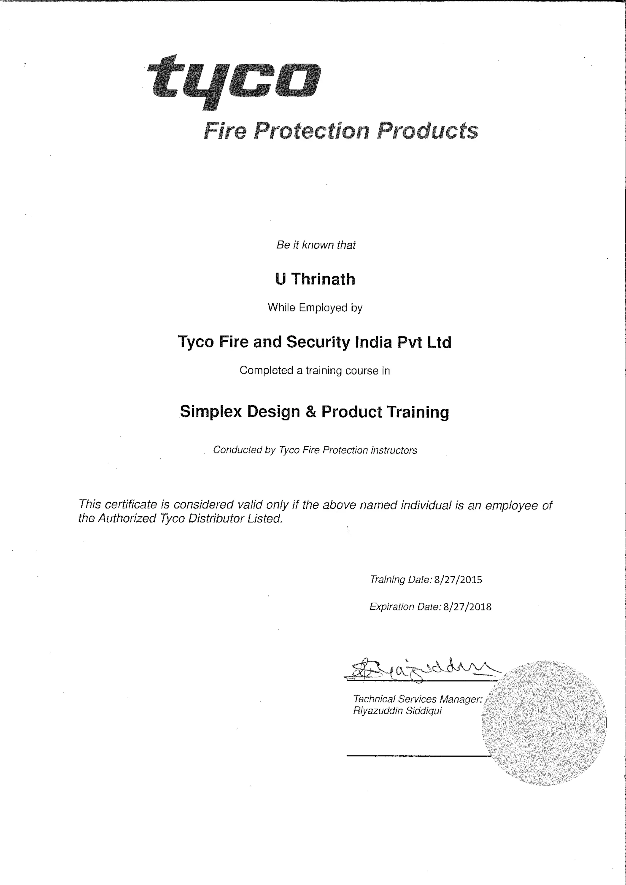 Tyco Simplex Design & Product certificate | PDF