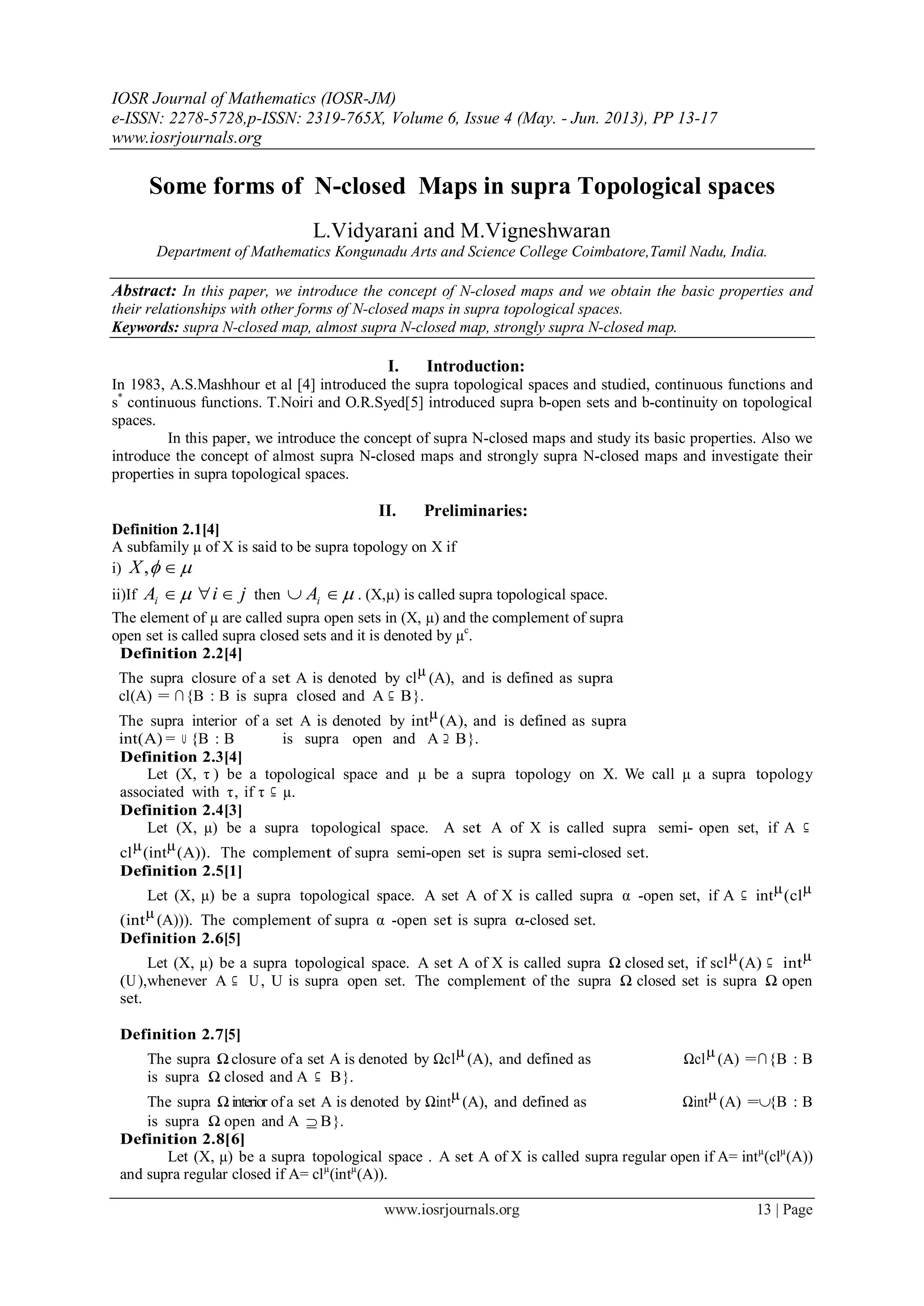 Some forms of N-closed Maps in supra Topological spaces | PDF