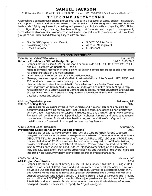 Sample Resume - Telecom | DOCX | IT and Internet Support | Internet