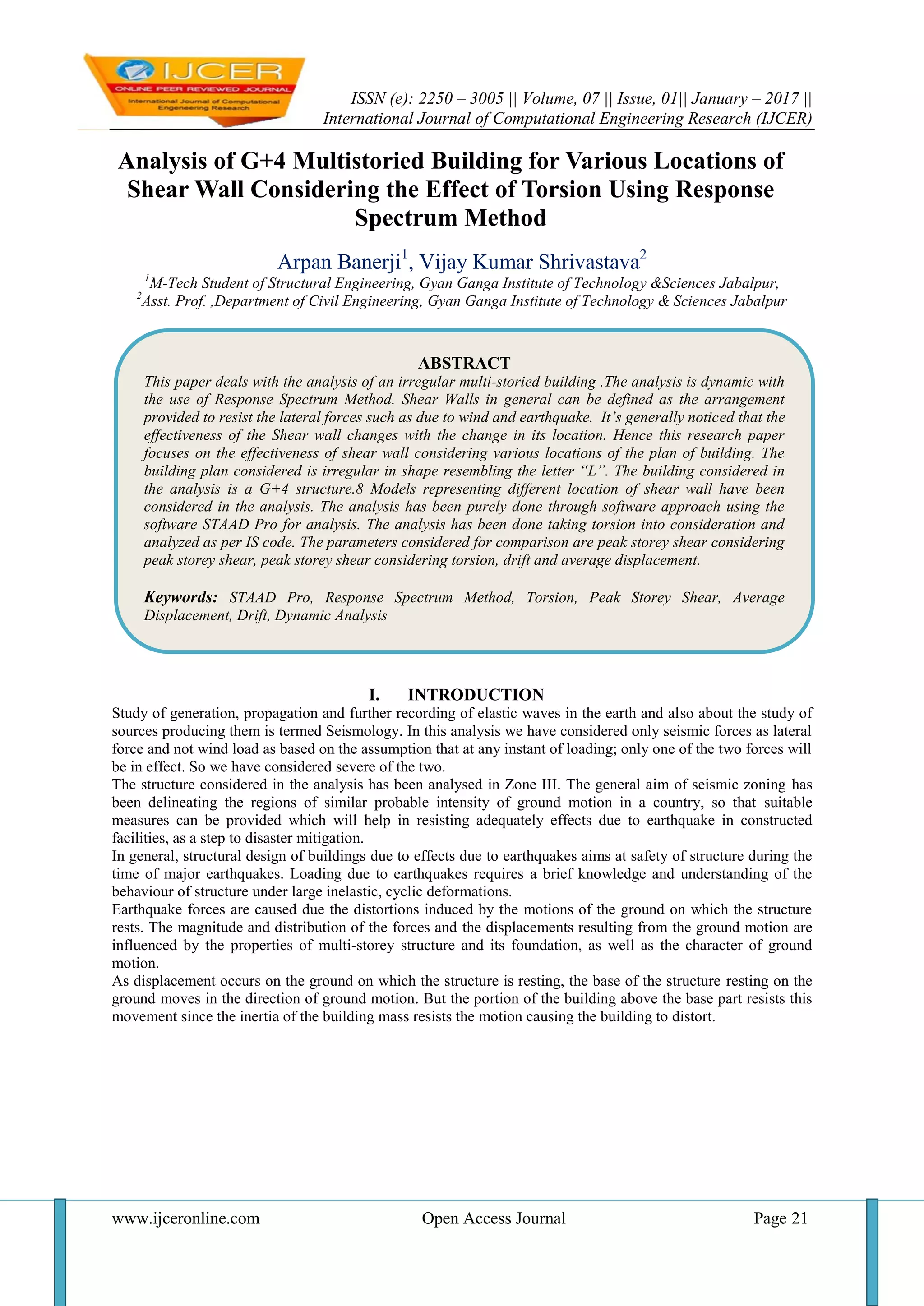 Analysis of G+4 Multistoried Building for Various Locations of Shear Wall Considering the Effect ...