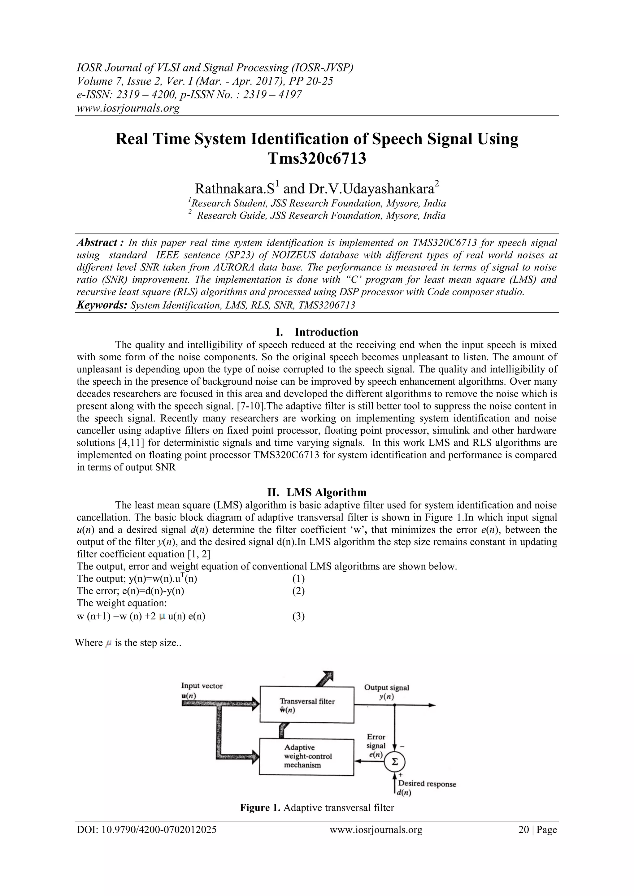 Real Time System Identification of Speech Signal Using Tms320c6713 | PDF