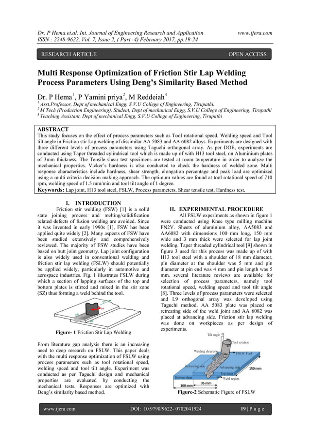 Multi Response Optimization of Friction Stir Lap Welding Process Parameters Using Deng’s ...