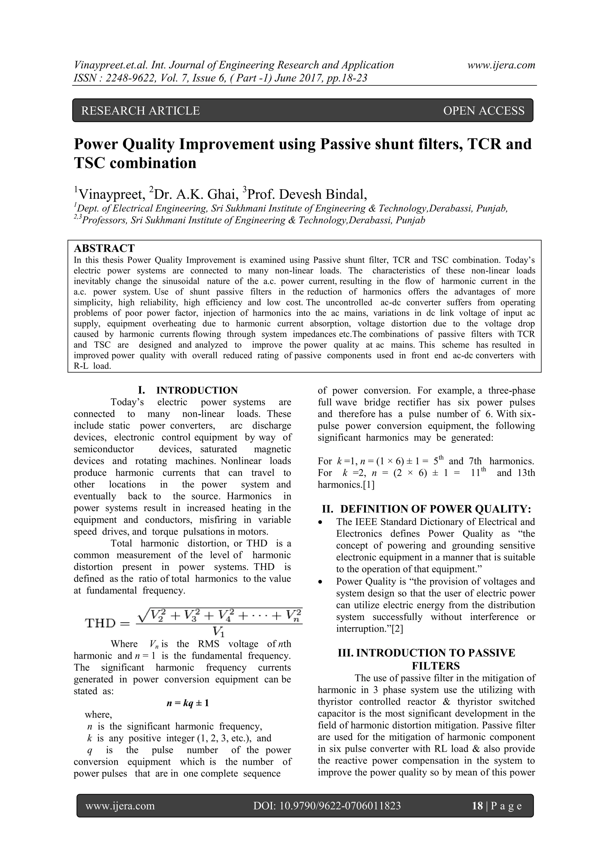 Power Quality Improvement using Passive shunt filters, TCR and TSC combination | PDF