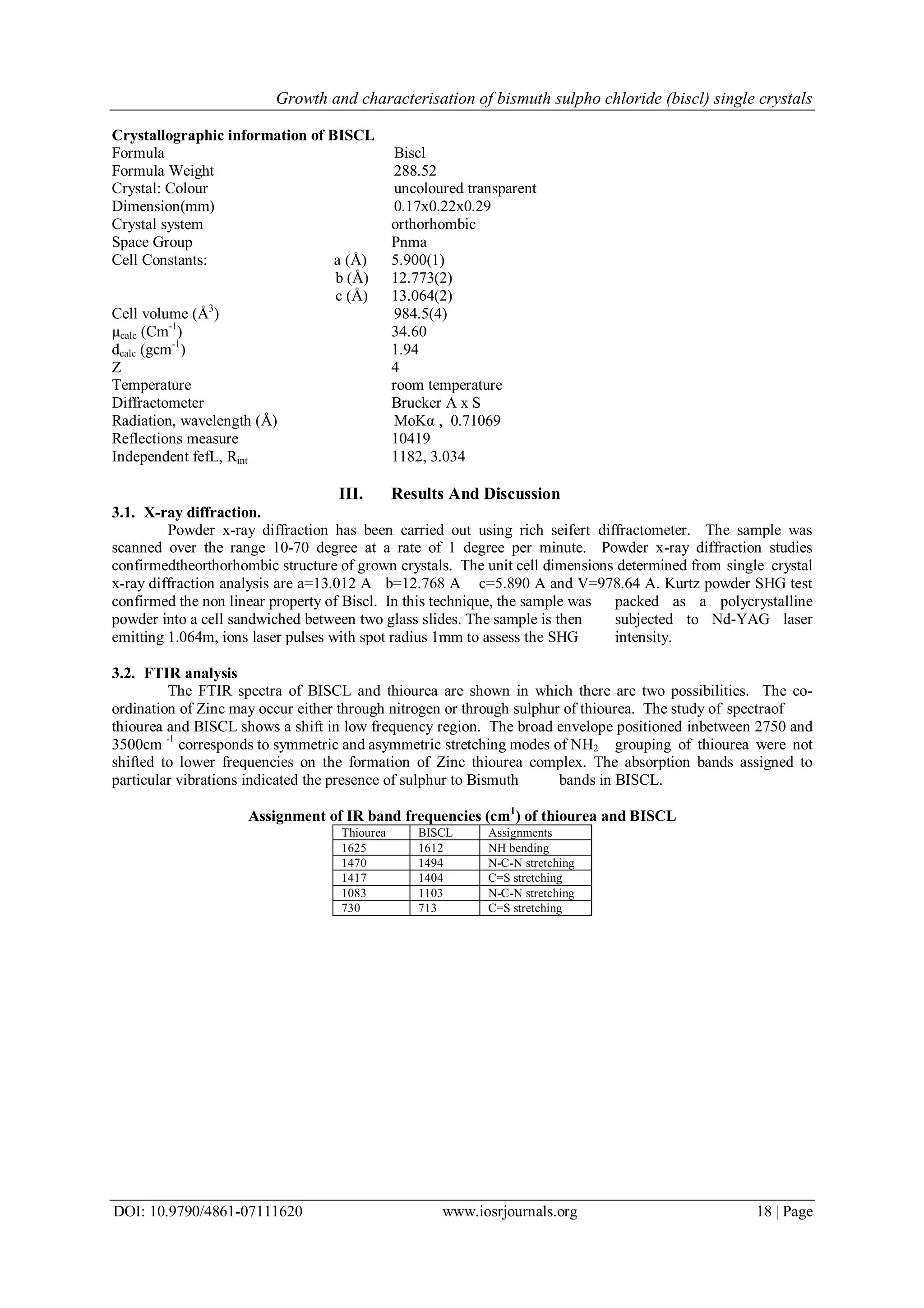 Growth and Characterisation of Bismuth Sulpho Chloride (Biscl) Single ...