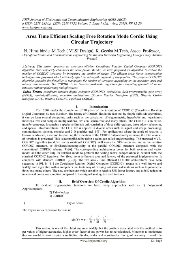 Area Time Efficient Scaling Free Rotation Mode Cordic Using Circular