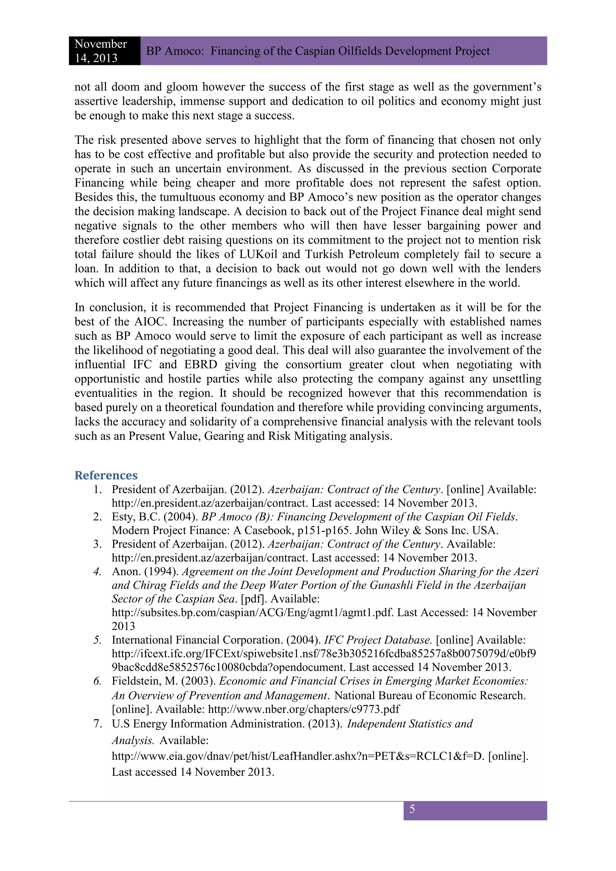 Project Finance - BP Amoco Caspian Oilfields Financing Case Study | PDF