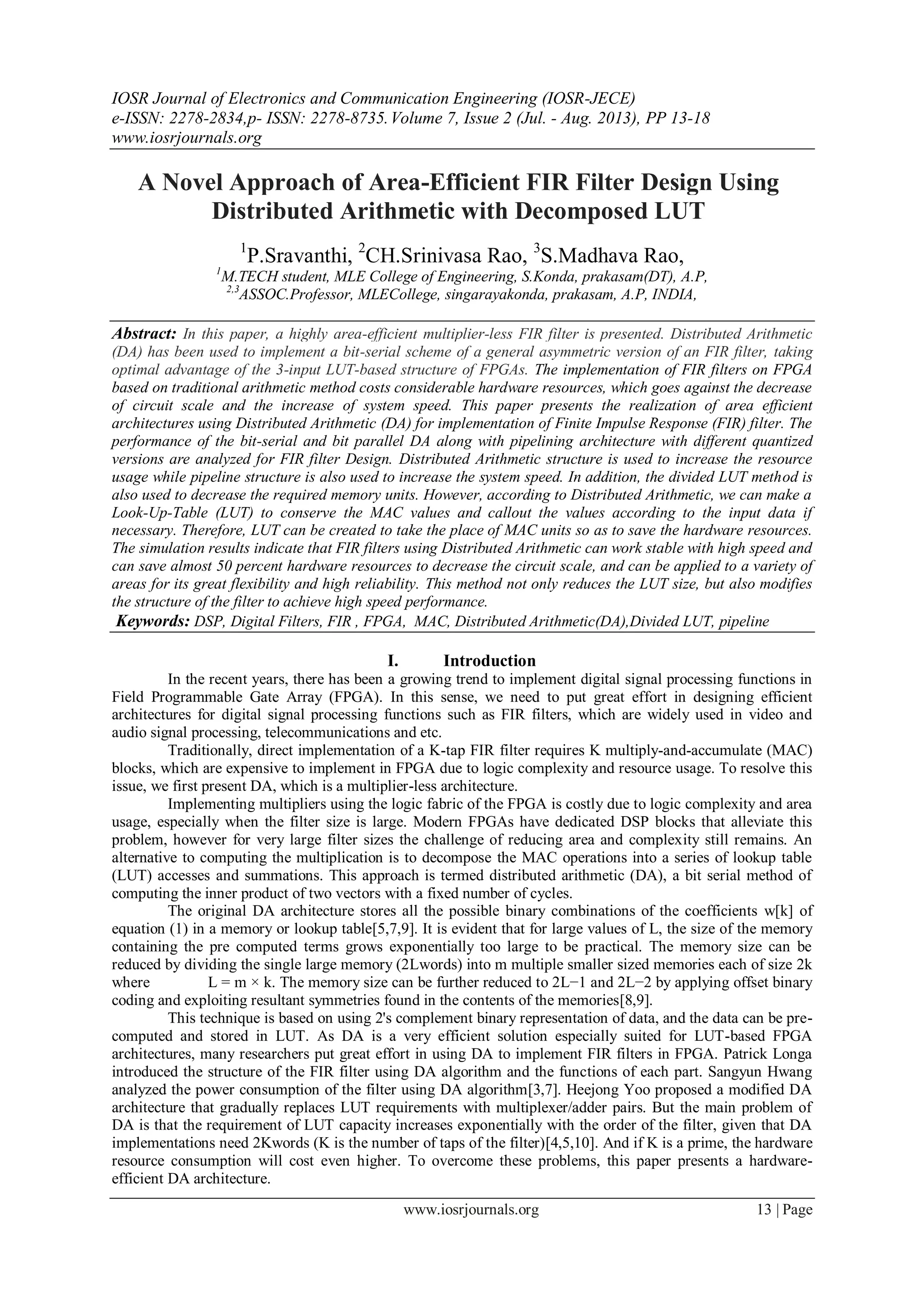 A Novel Approach of Area-Efficient FIR Filter Design Using Distributed Arithmetic with ...