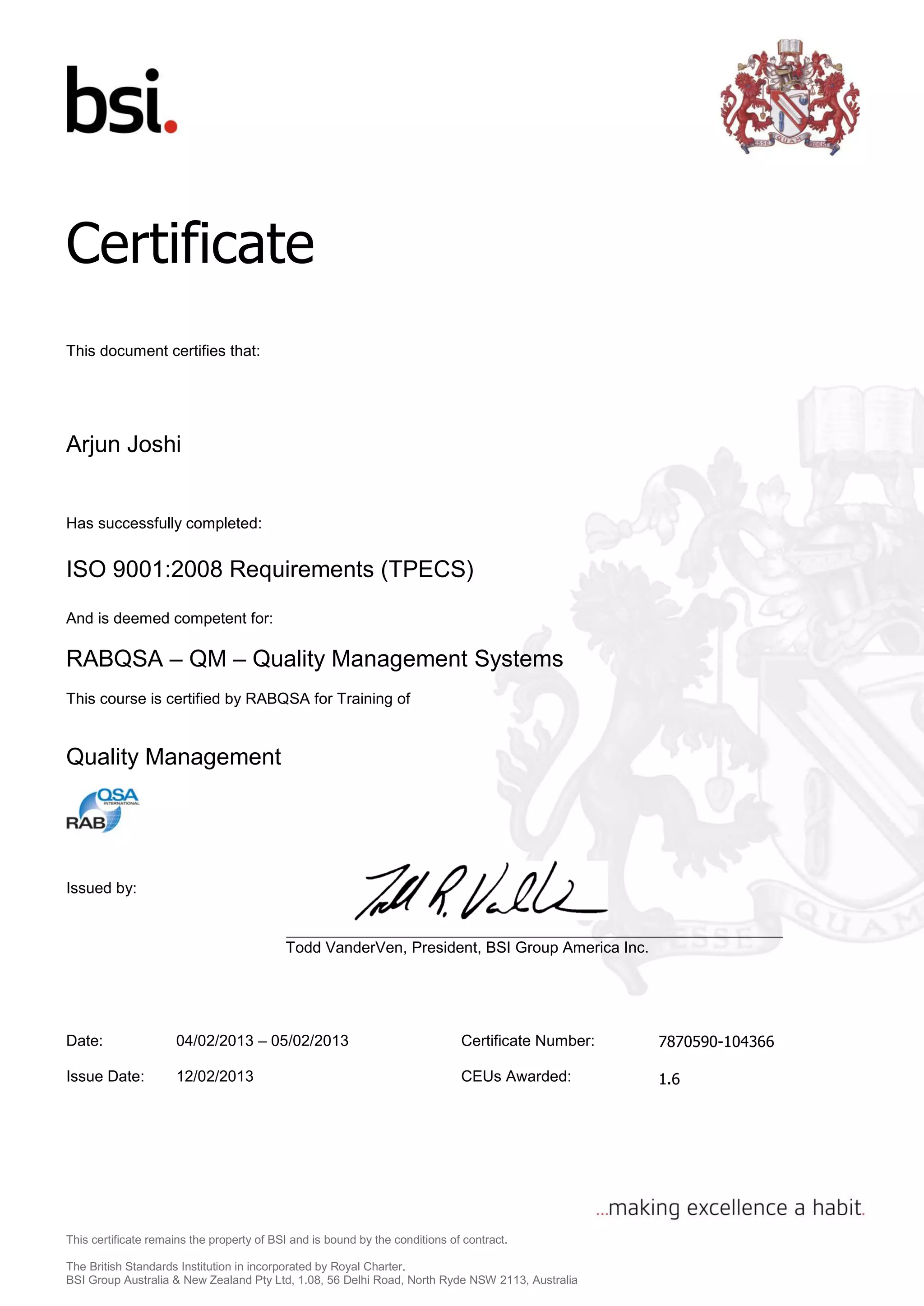 QM Requirements Certificate | PDF