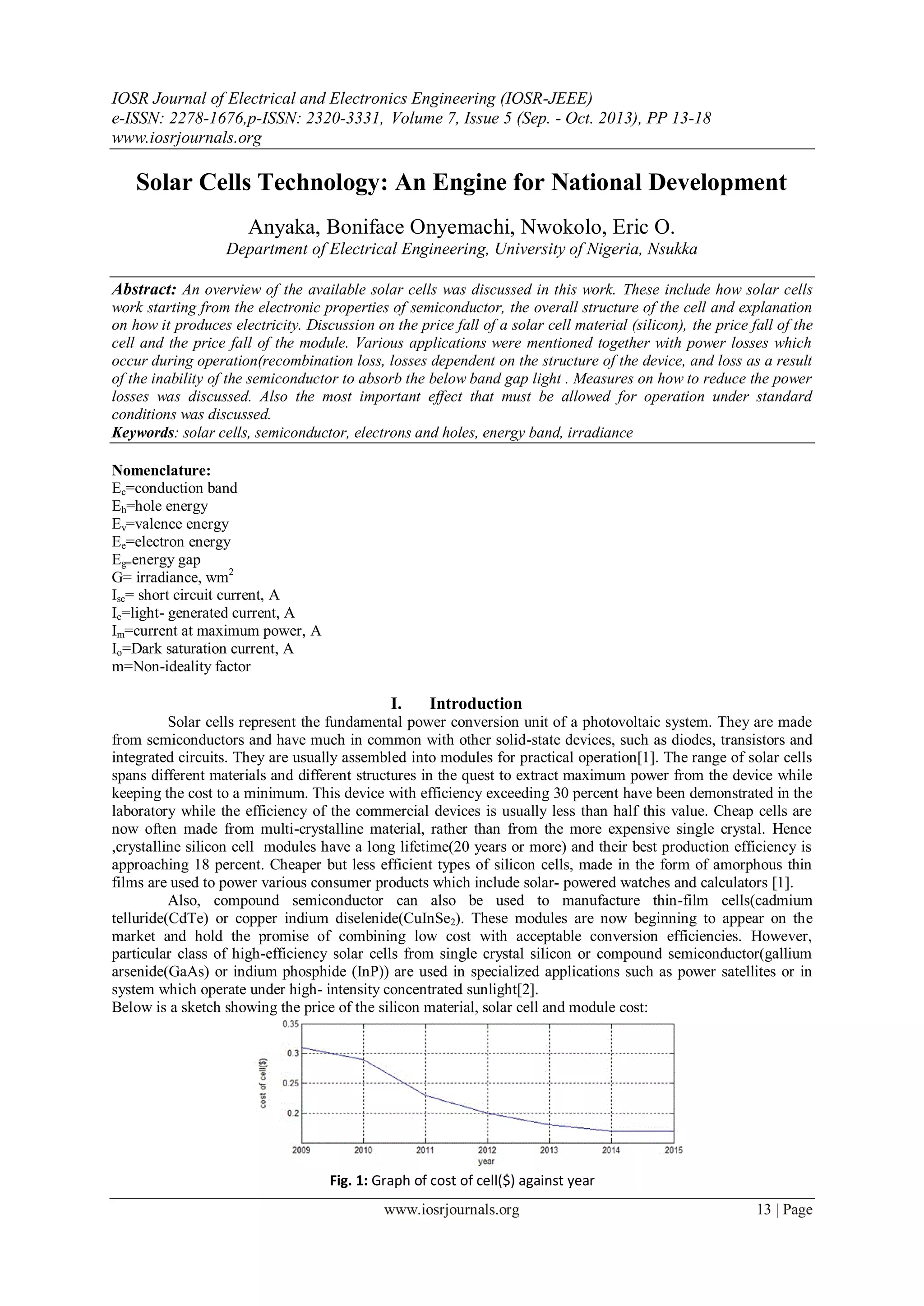 Solar Cells Technology: An Engine for National Development | PDF