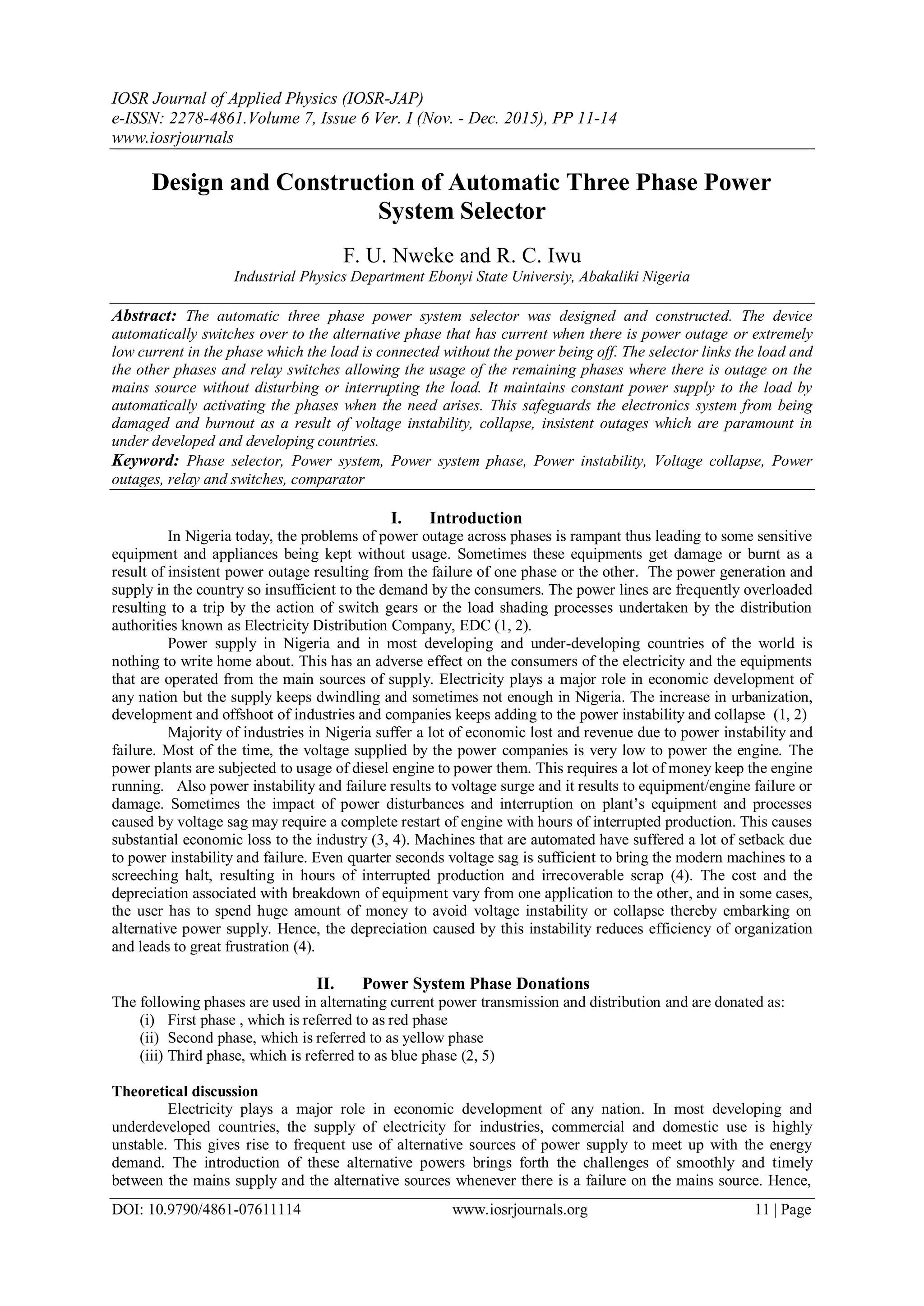 Design and Construction of Automatic Three Phase Power System Selector ...