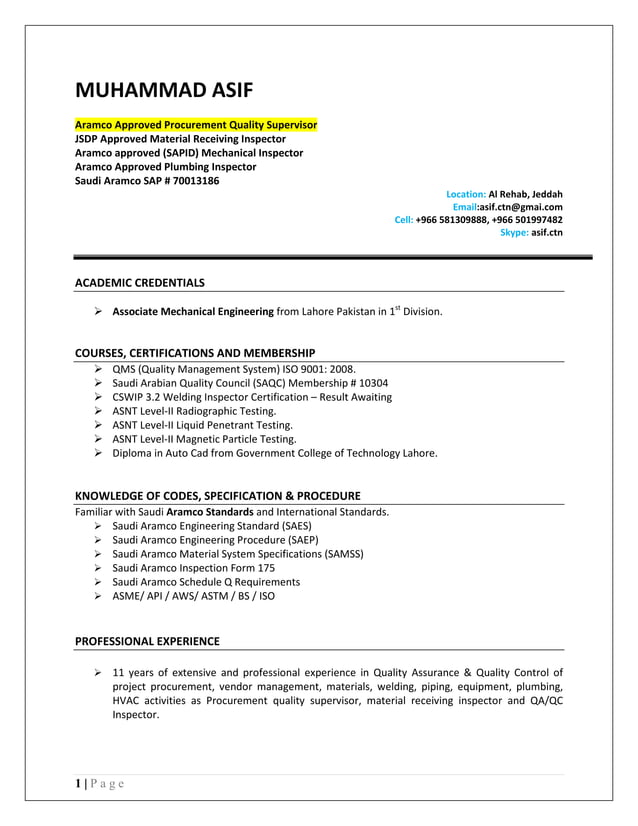 Muhammad Asif - Procurement Quality Supervisor CV (2) | PDF