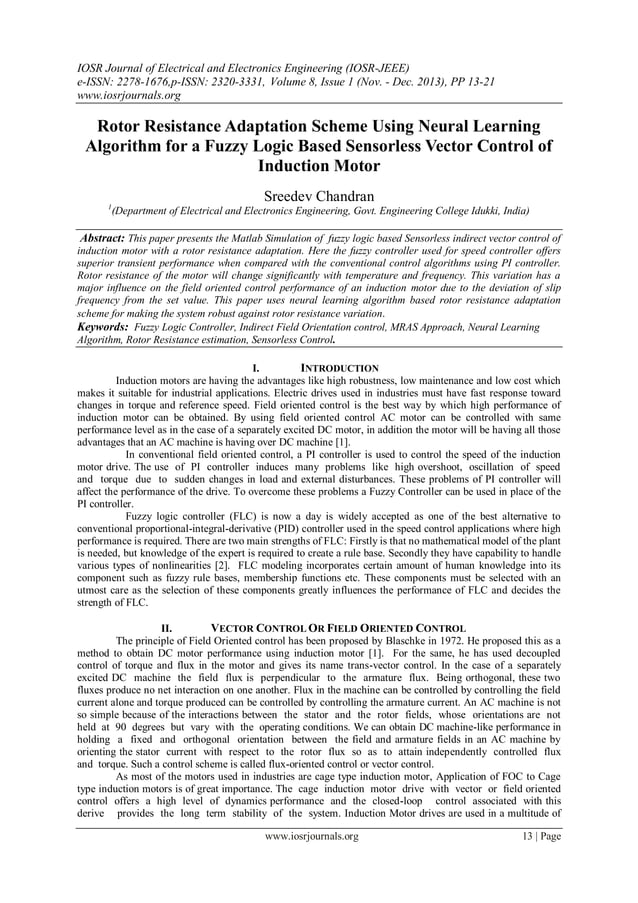 Rotor Resistance Adaptation Scheme Using Neural Learning Algorithm for a Fuzzy Logic Based ...