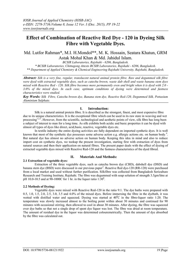 Effect of Combination of Reactive Red Dye - 120 in Dyeing Silk Fibre ...
