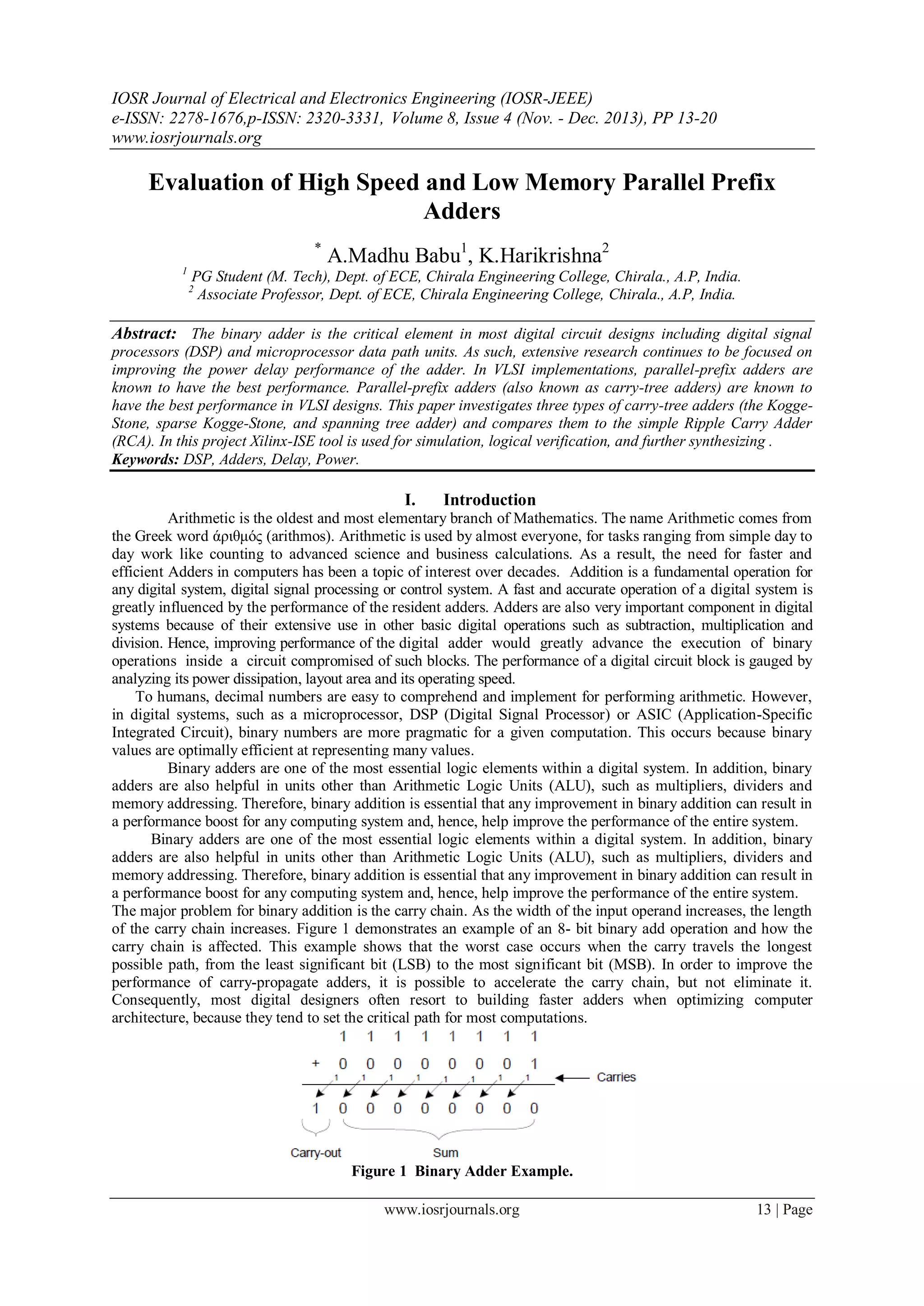 Evaluation of High Speed and Low Memory Parallel Prefix Adders | PDF