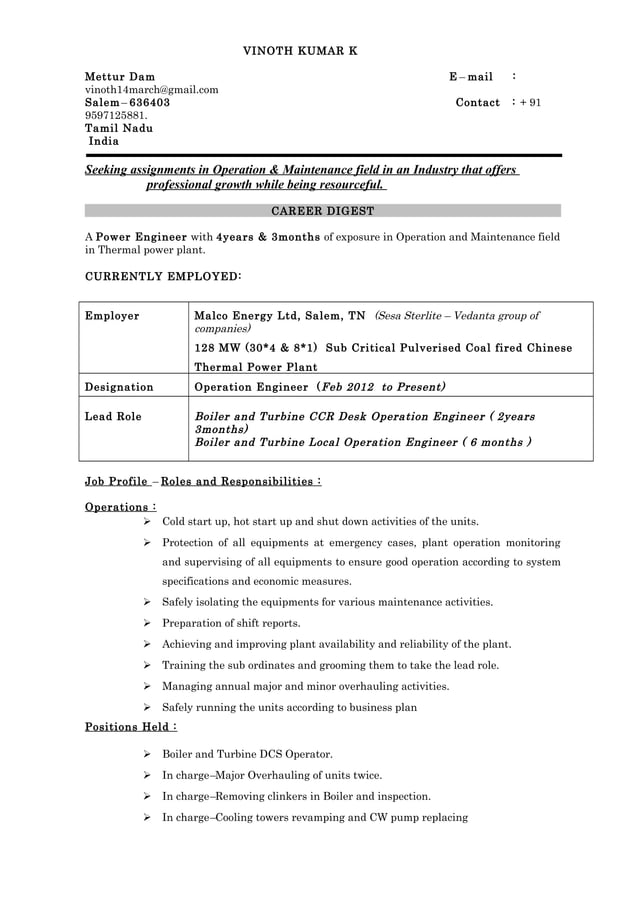 Resume Vinoth | DOC | Power and Energy Industry | Industries