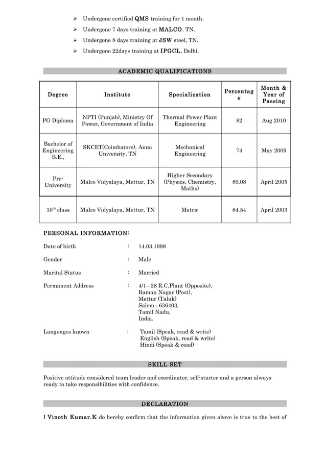 Resume Vinoth | DOC | Power and Energy Industry | Industries