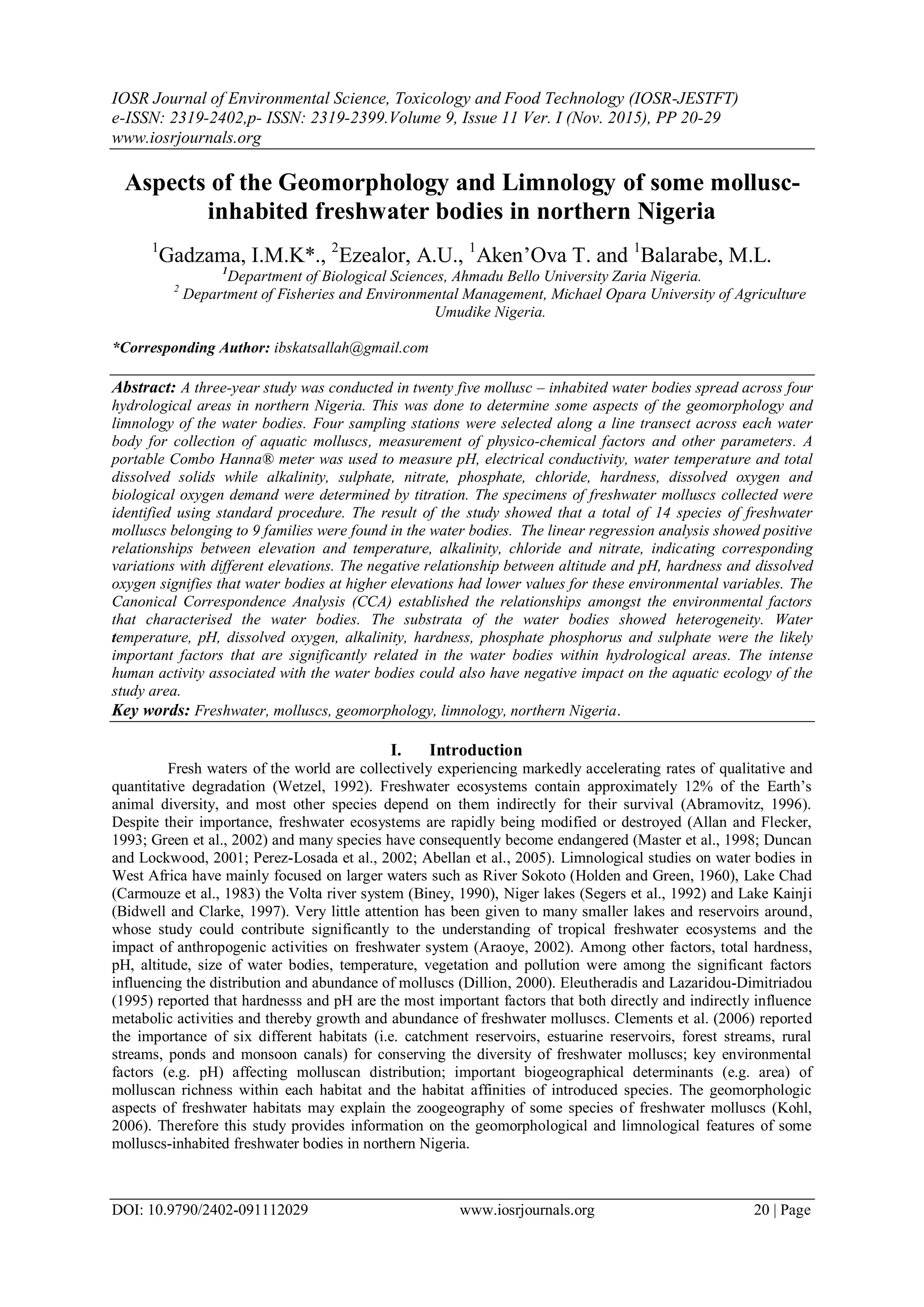 Aspects of the Geomorphology and Limnology of some molluscinhabited ...