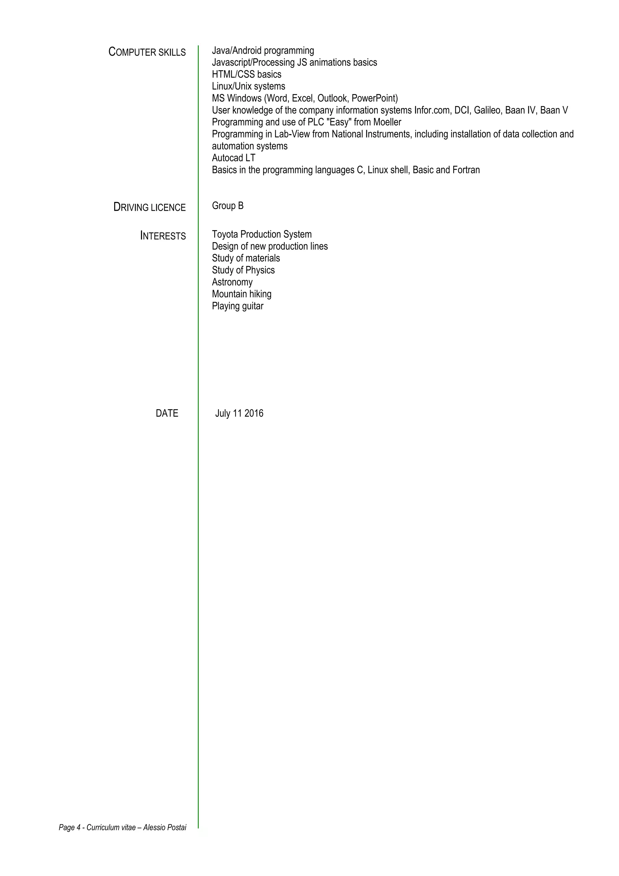 CV_Alessio_Postai_AJ_2016 | PDF | Manufacturing Industry | Industries