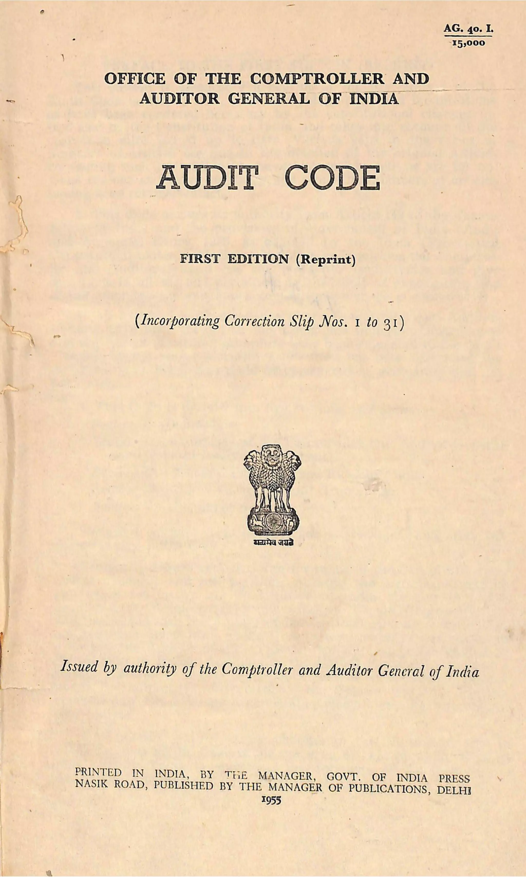 Office of the C&AG of India for the year 1955 on Audit Code, First ...