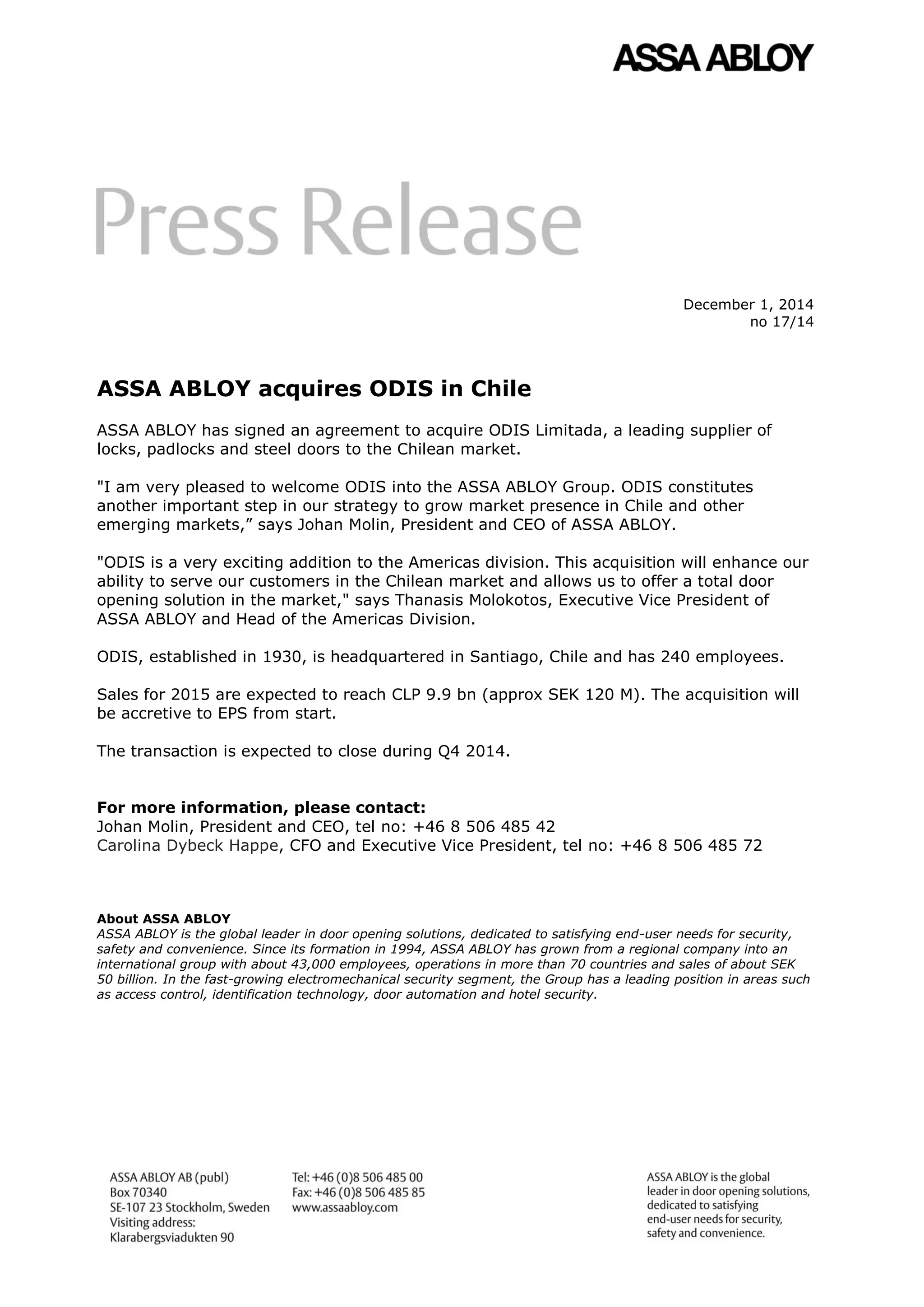ASSA ABLOY Acquires Odis in Chile | PDF