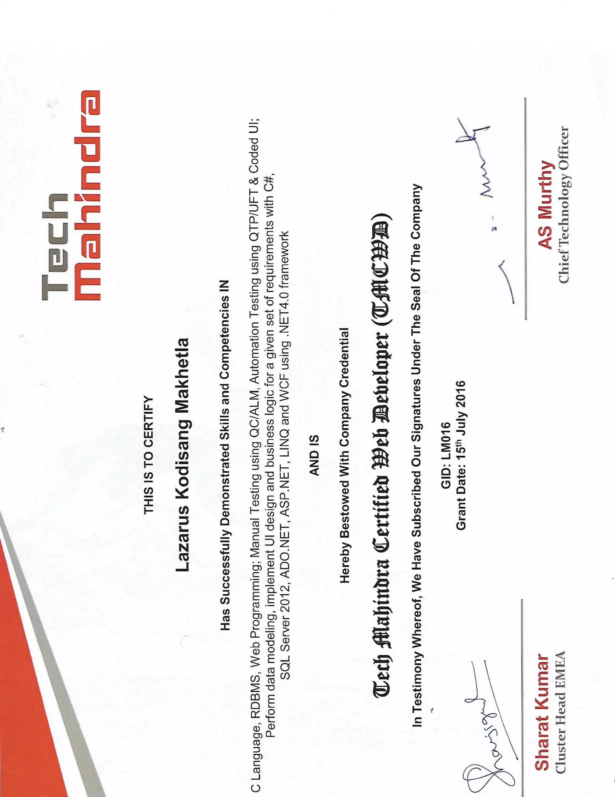 Tech Mahindra Certificate | PDF