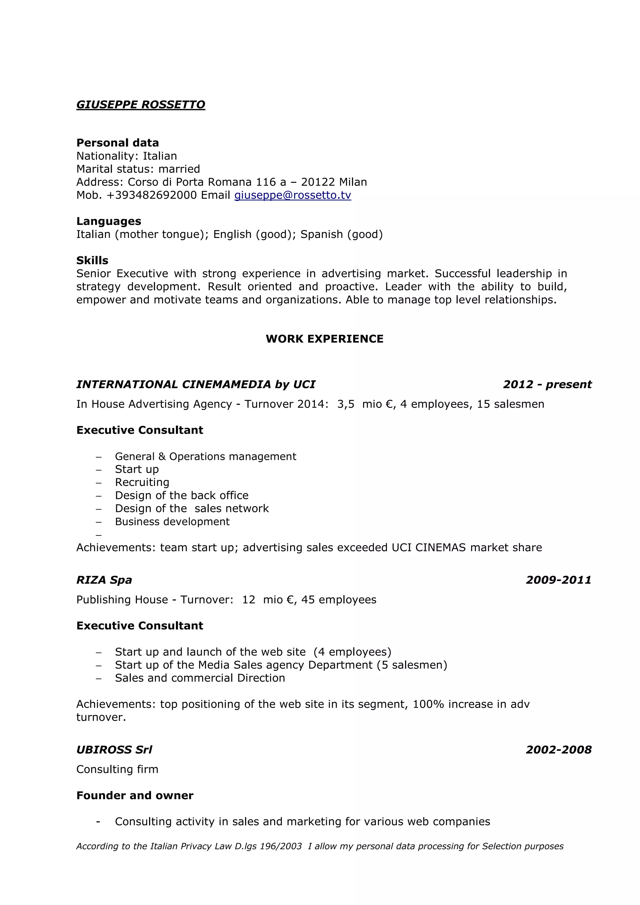 Rossetto Giuseppe CV UK | PDF