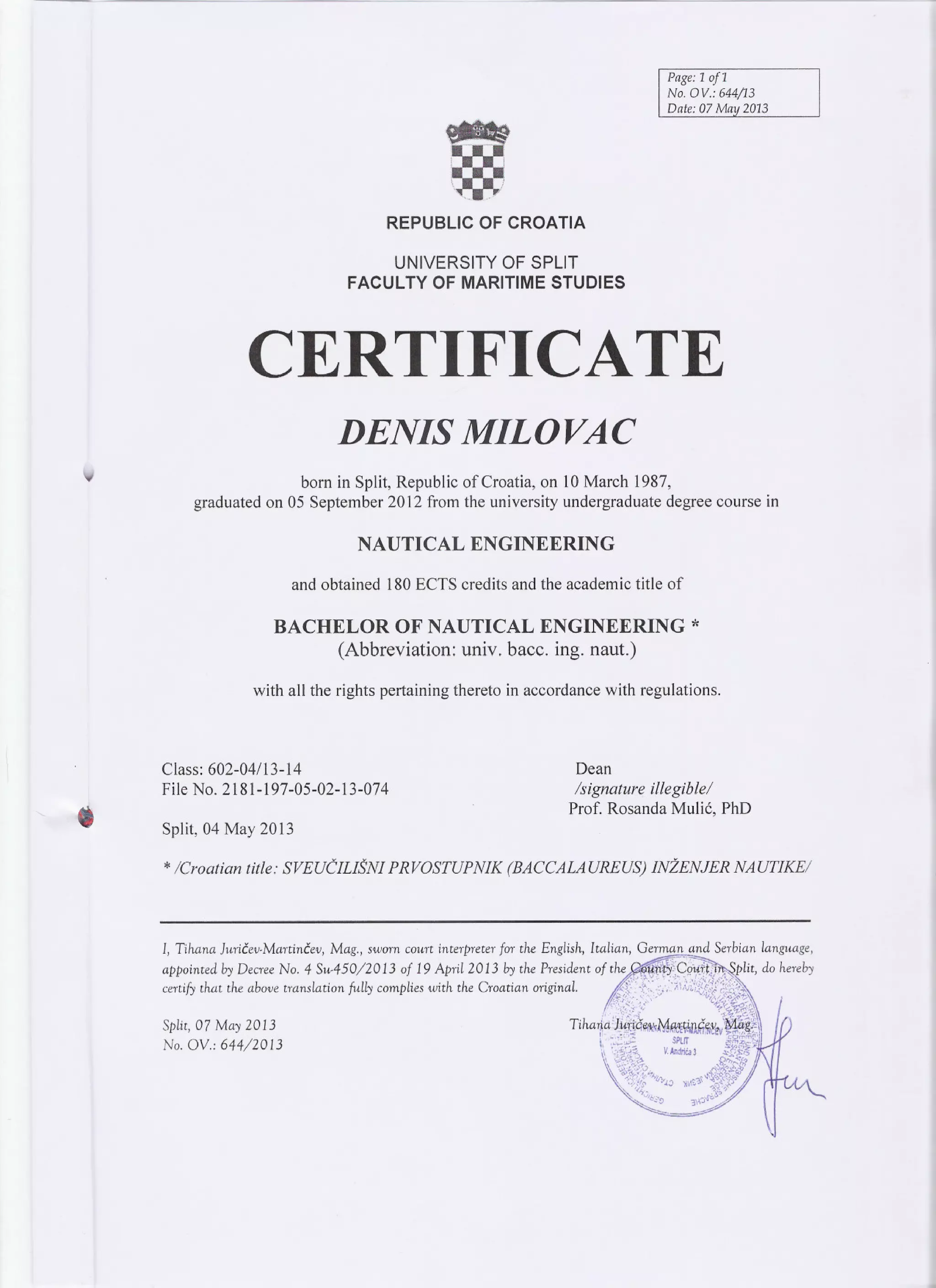 ENG University of Split - Faculty of Maritime Studies - Bachelor certificate | PDF