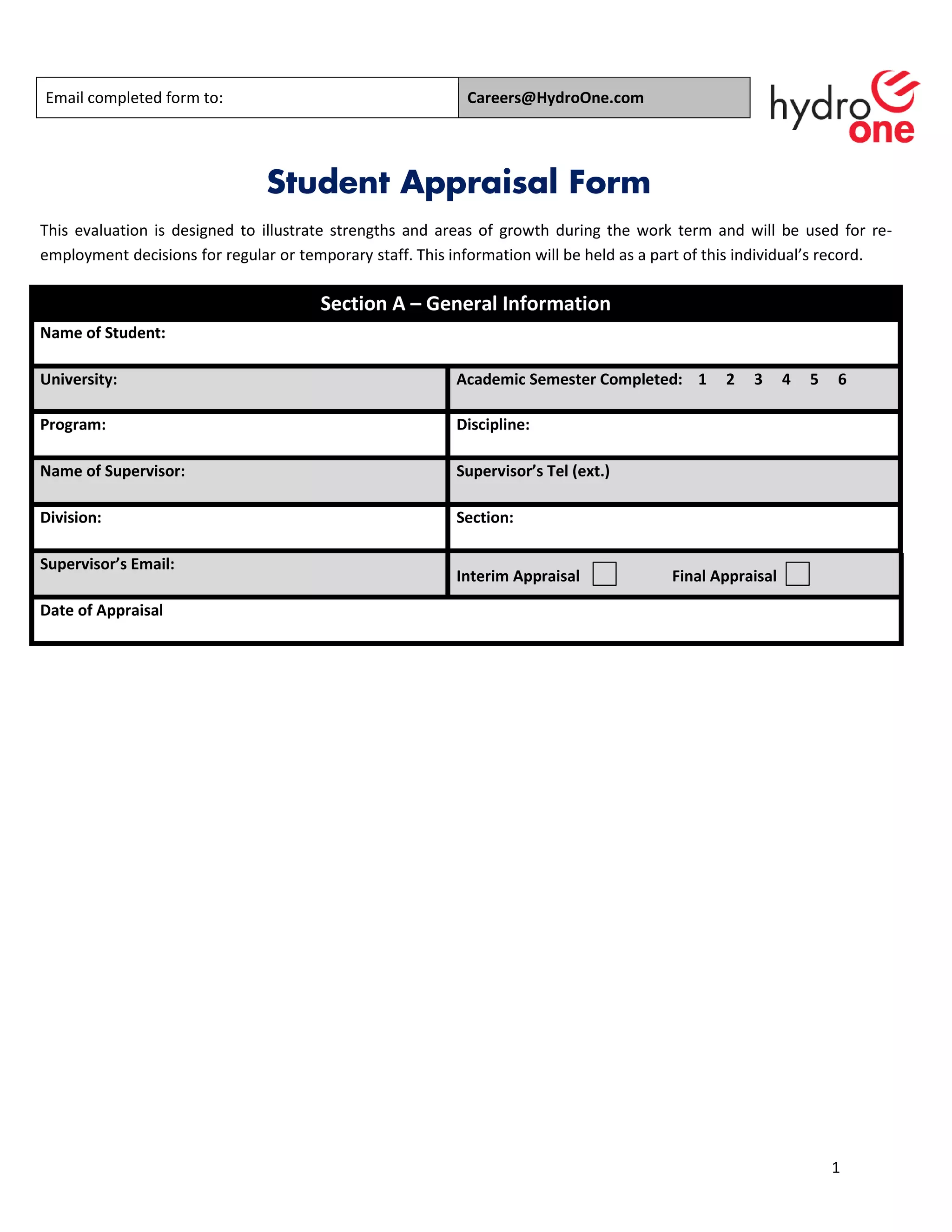 Cameron Hartman Student Appraisal Form plus Comments Hydro One | PDF