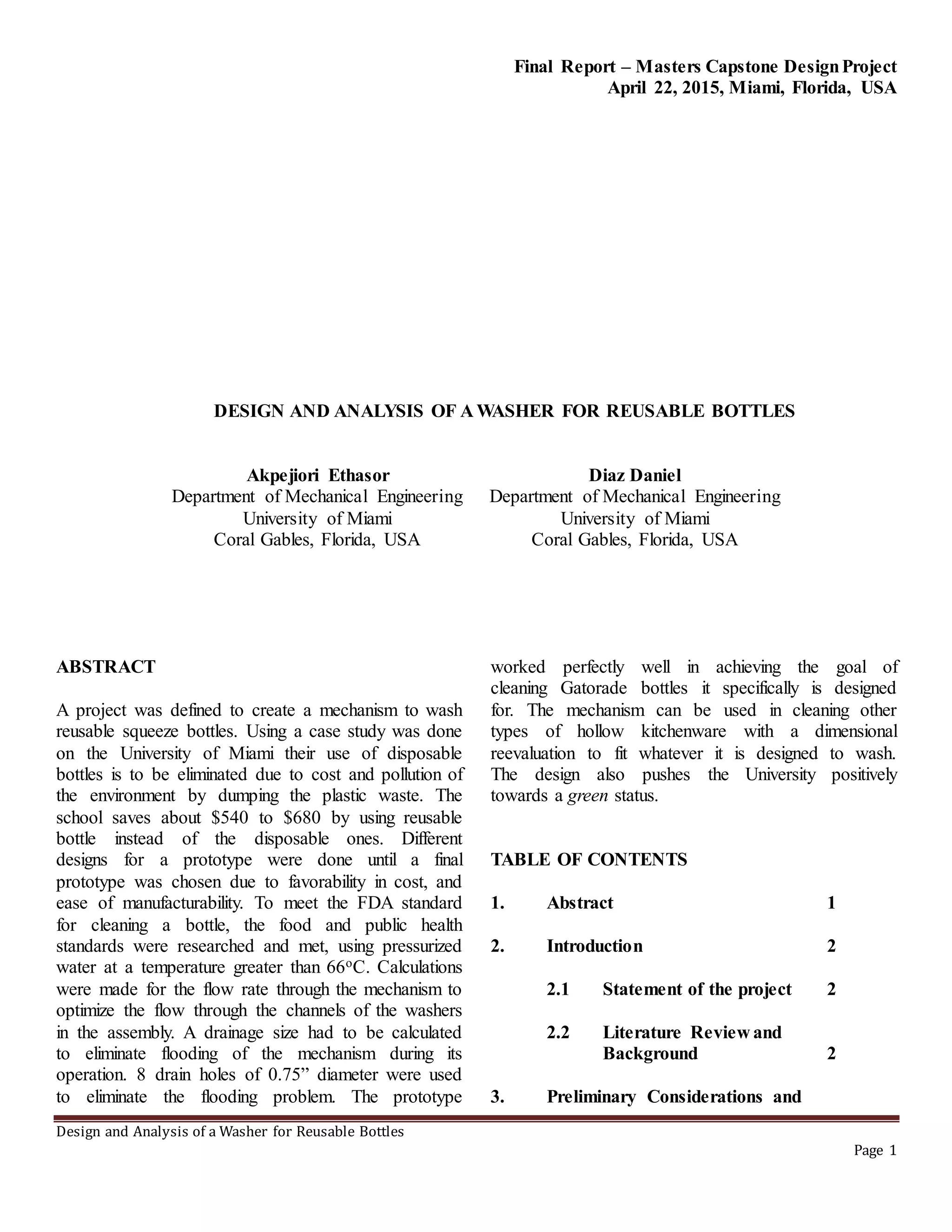 Design and Analysis of a Bottle Washer for Reusable Bottles | DOCX