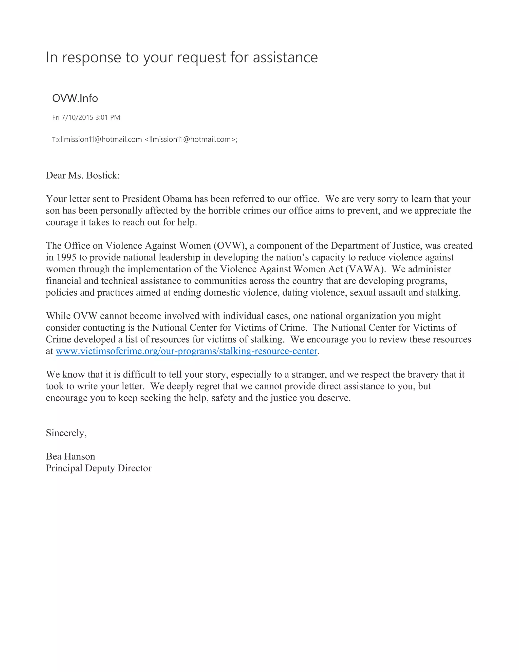 Bea Hanson Letter | PDF