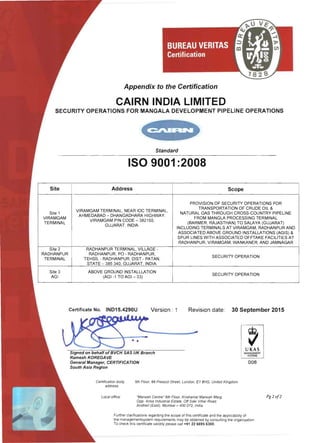 Cairn India Limited ISO 9001 Securiuty Certification Sep 2015 | PDF