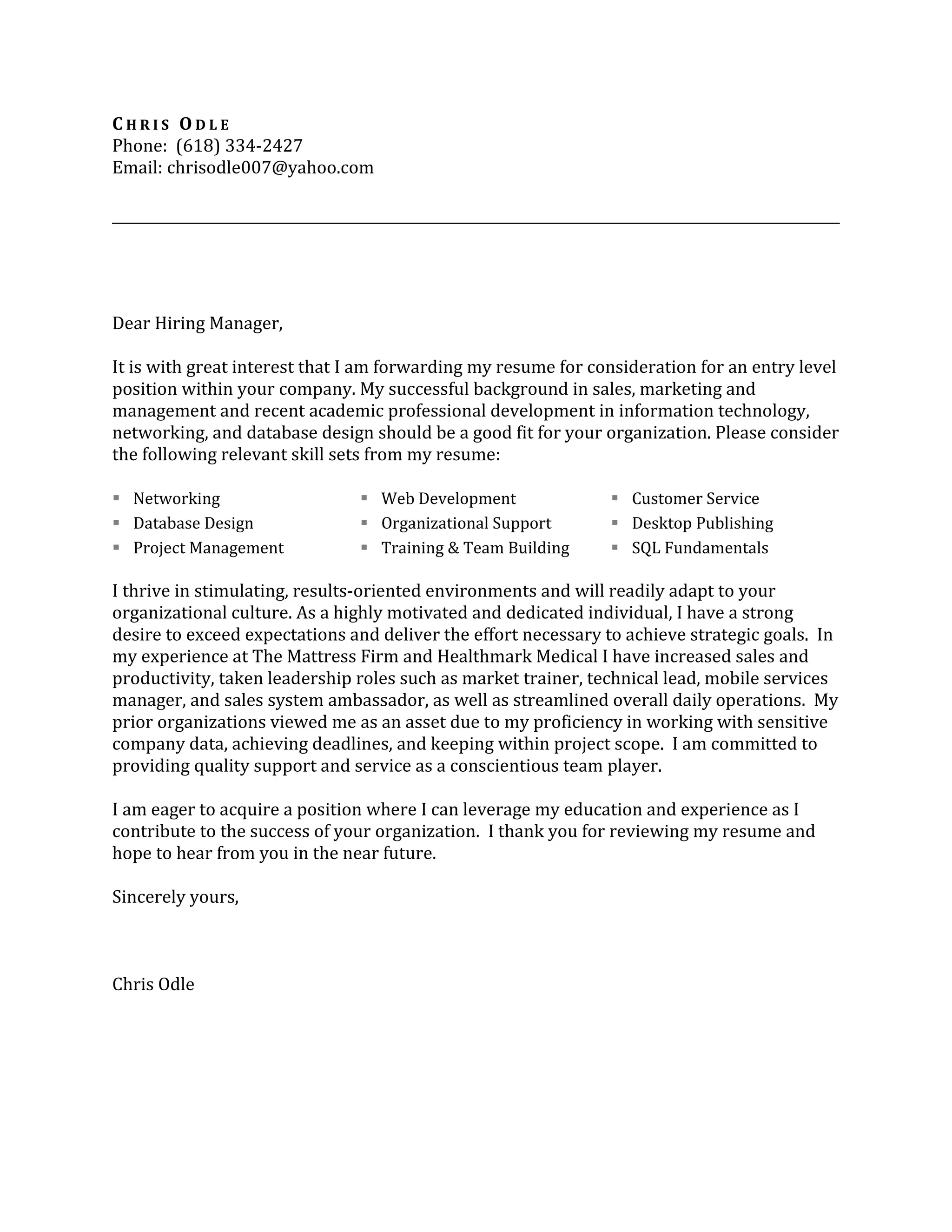 Cover Letter Chris Odle - General | DOC