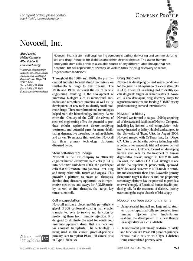 C0f1 Novocell Stem Cell Therapy For Diabetes | PDF