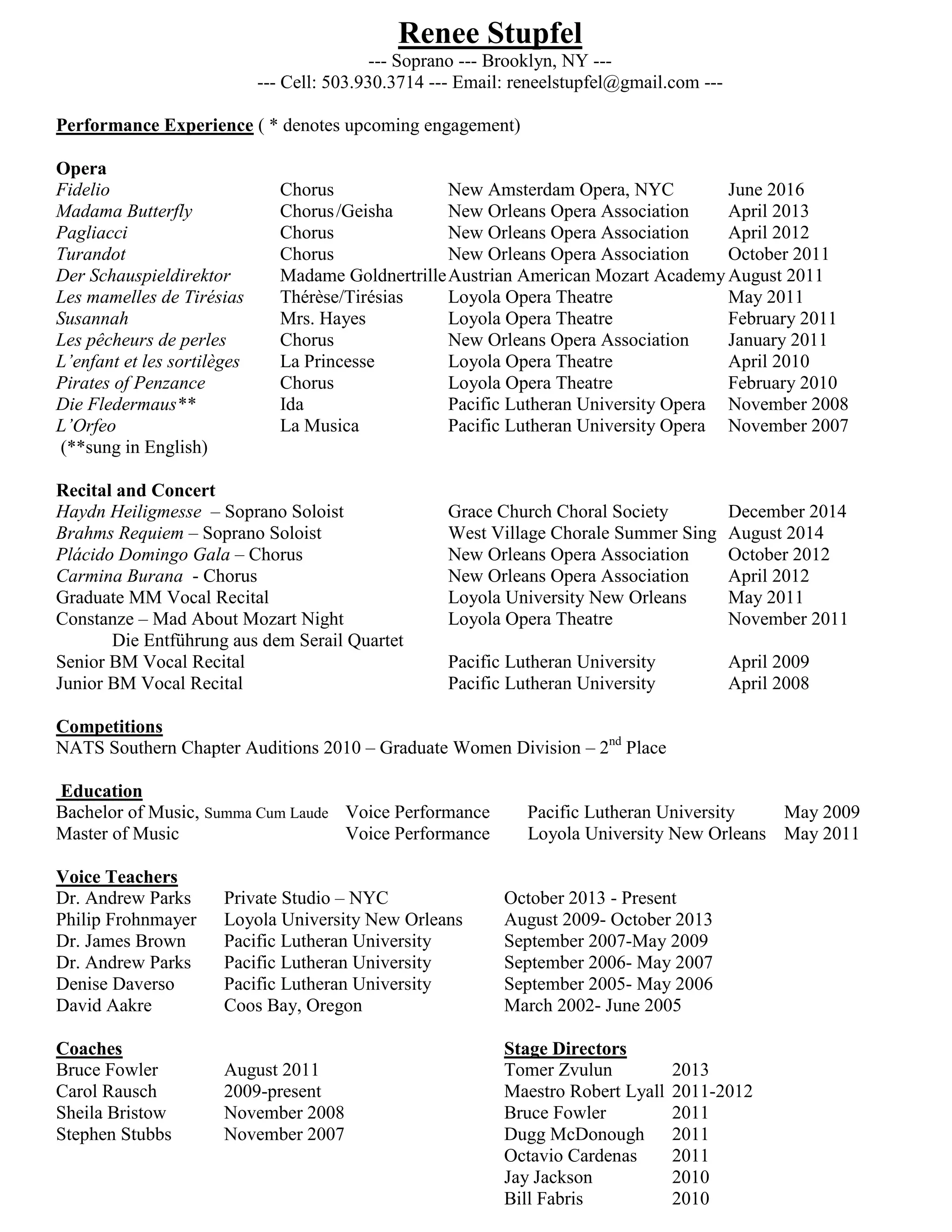 Renee Stupfel Opera Resume | PDF