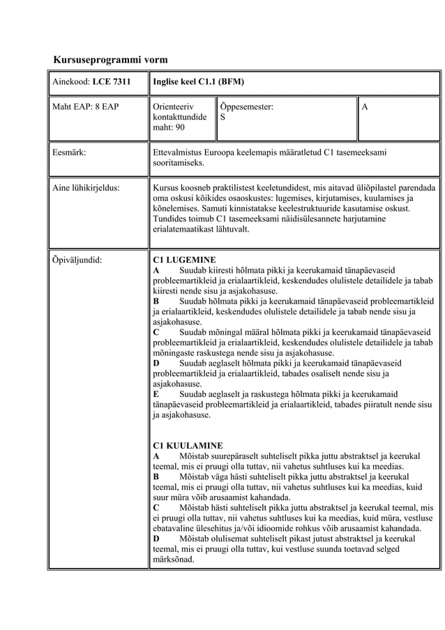 C1.1 kursuse programm (sirle kivihall) | PDF