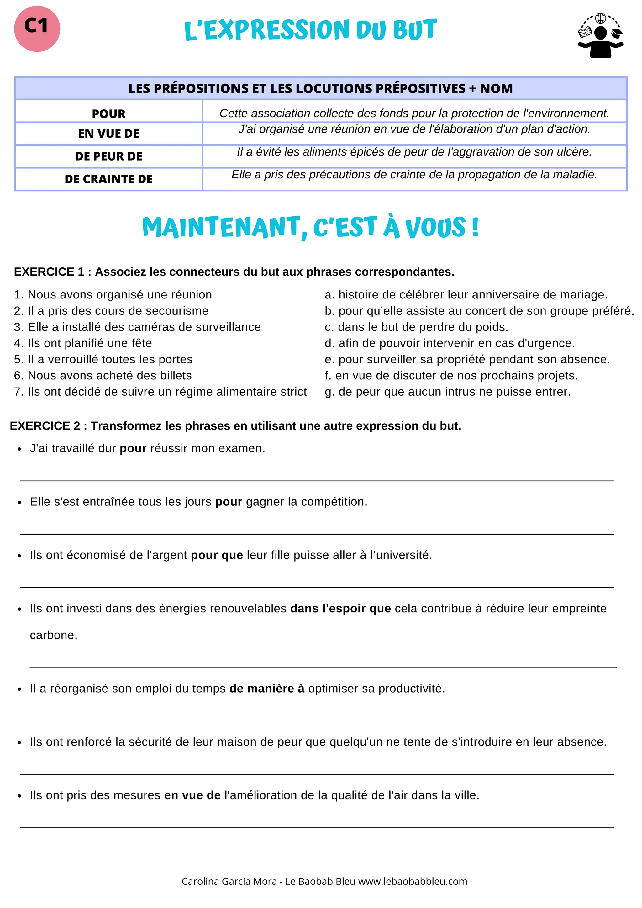 L'expression du but : fiche et exercices niveau C1 FLE | PDF | Diabetes ...