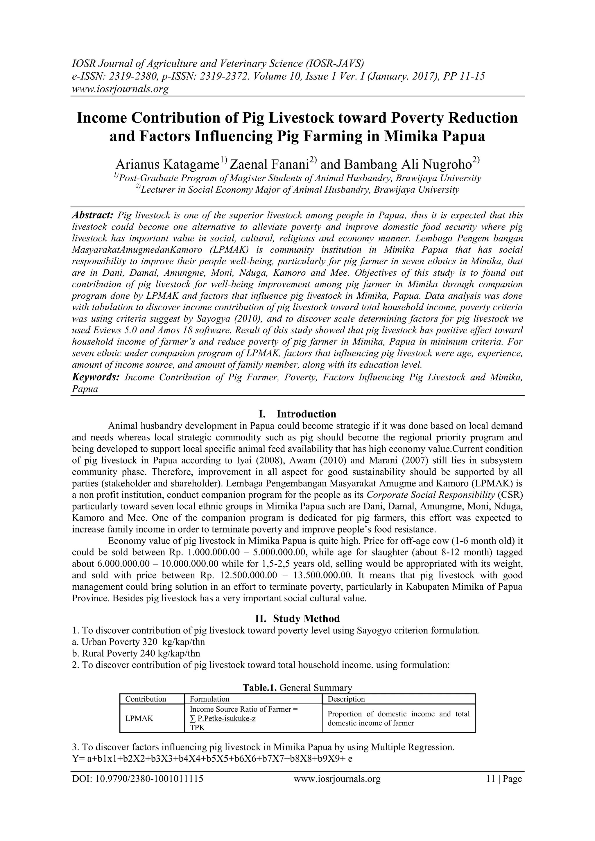 Income Contribution of Pig Livestock toward Poverty Reduction and ...