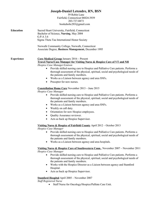 Joseph D. Letendre Resume 2016 | DOC | Eldercare | Family and Relationships