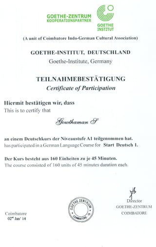 Goethe Institut Level A1 _ Participation_Certificate | PDF