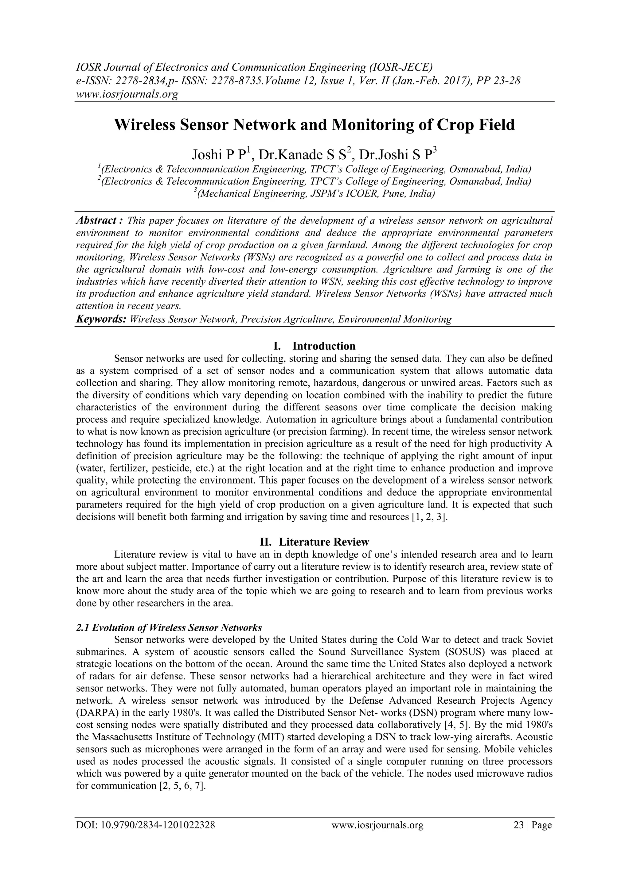 Wireless Sensor Network and Monitoring of Crop Field | PDF | Agriculture | Industries