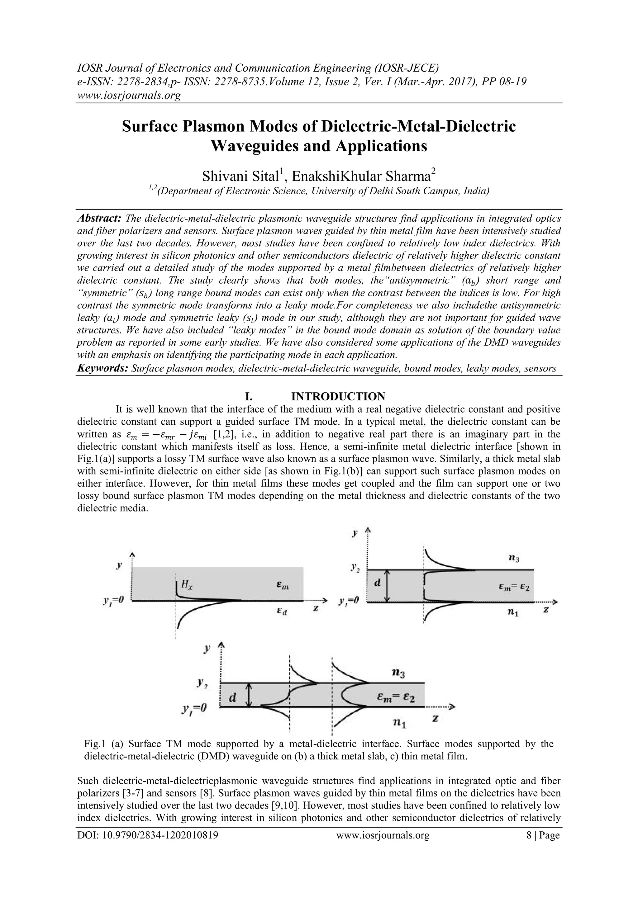Surface Plasmon Modes of Dielectric-Metal-Dielectric Waveguides and Applications | PDF