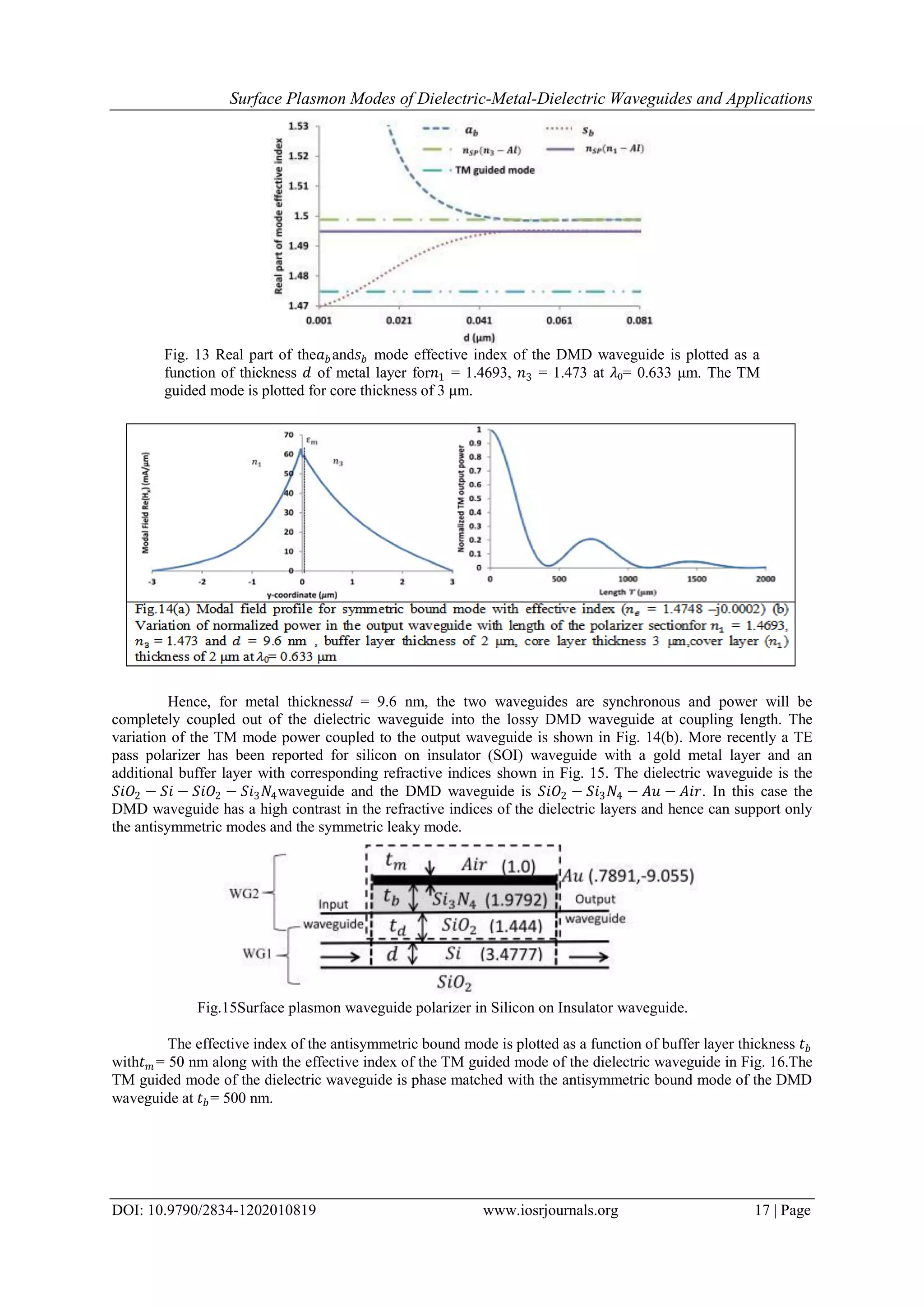Surface Plasmon Modes of Dielectric-Metal-Dielectric Waveguides and Applications | PDF