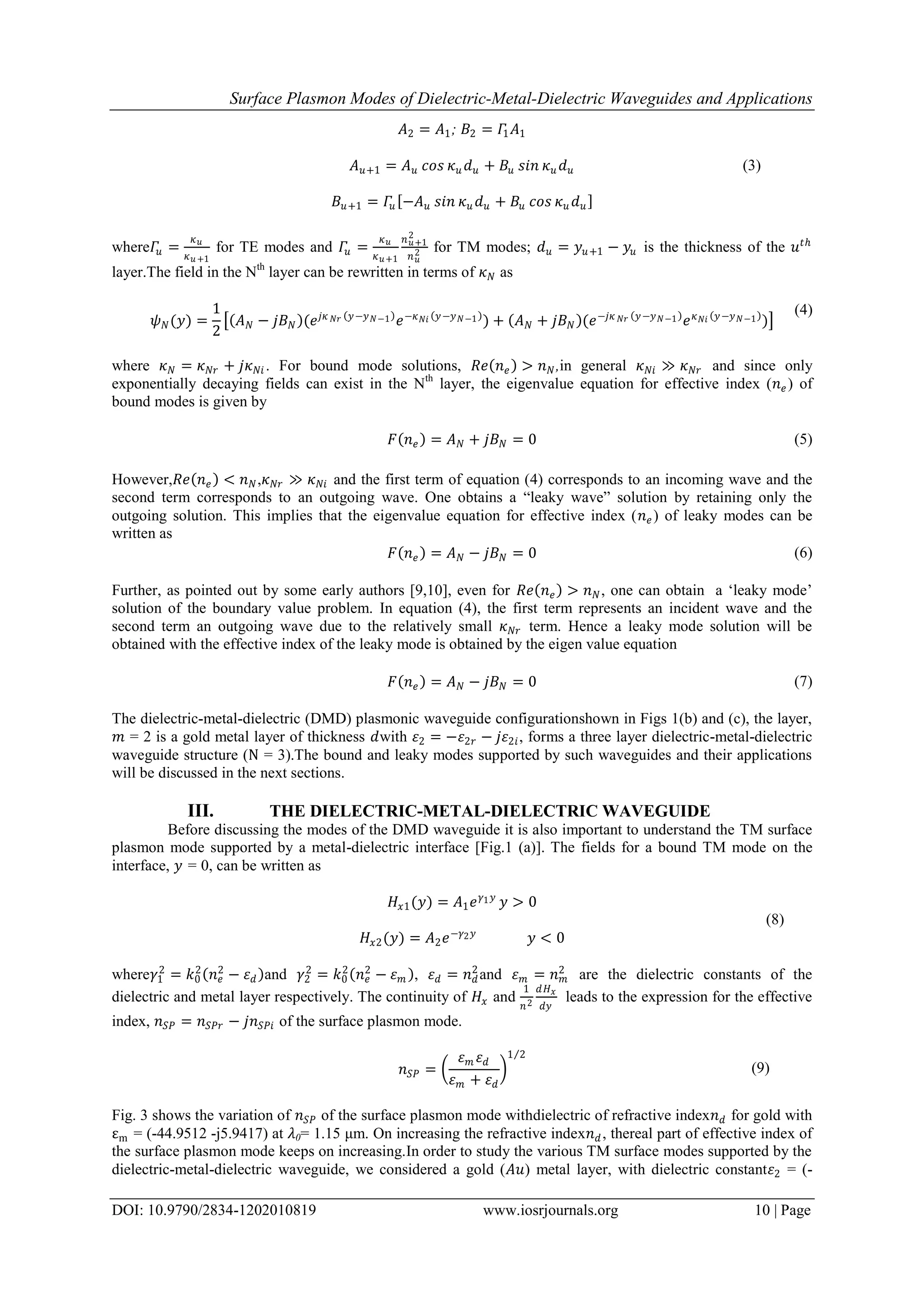 Surface Plasmon Modes of Dielectric-Metal-Dielectric Waveguides and Applications | PDF