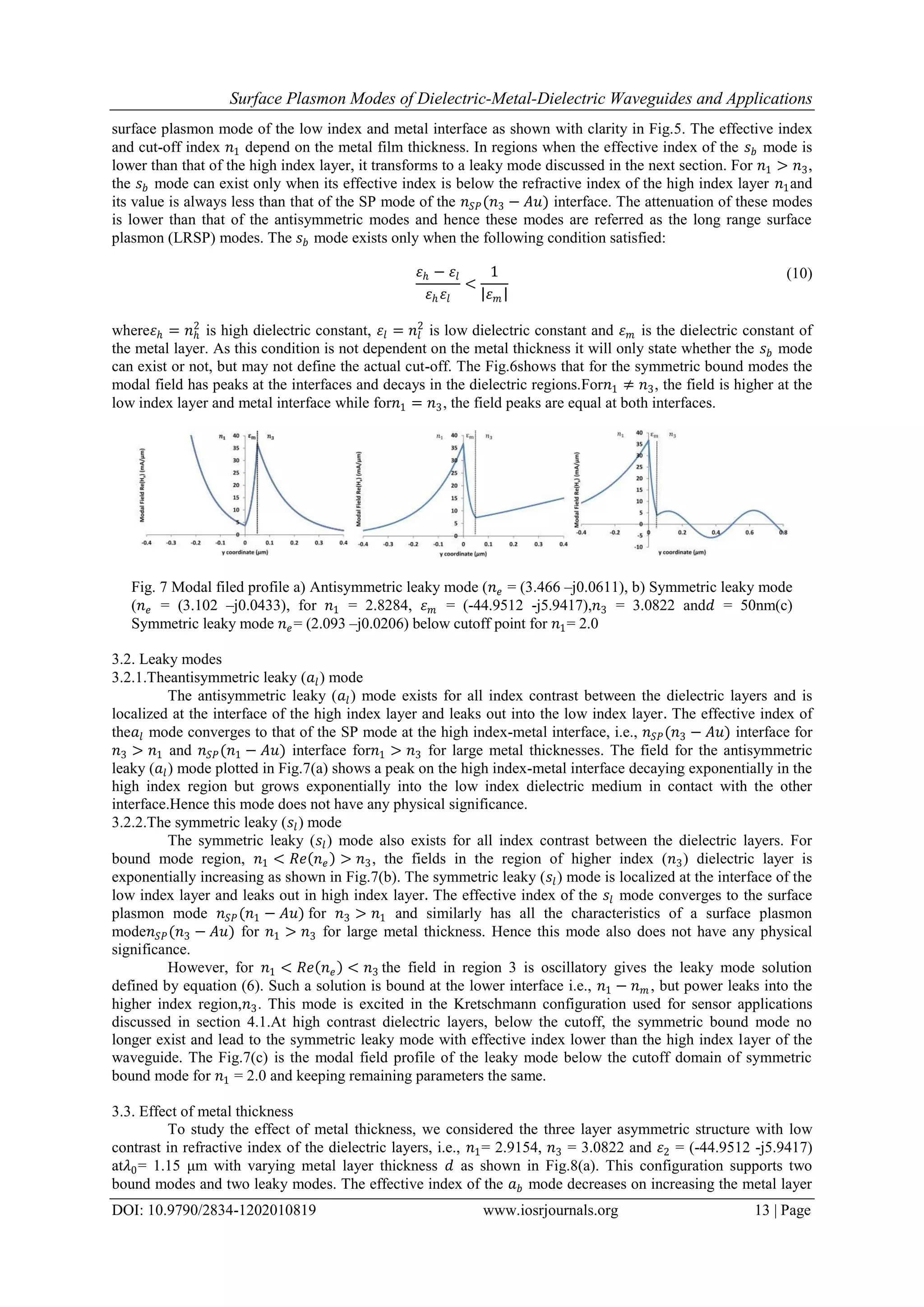 Surface Plasmon Modes of Dielectric-Metal-Dielectric Waveguides and Applications | PDF
