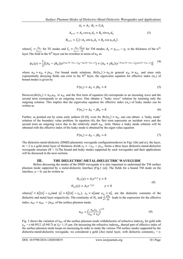 Surface Plasmon Modes of Dielectric-Metal-Dielectric Waveguides and Applications | PDF